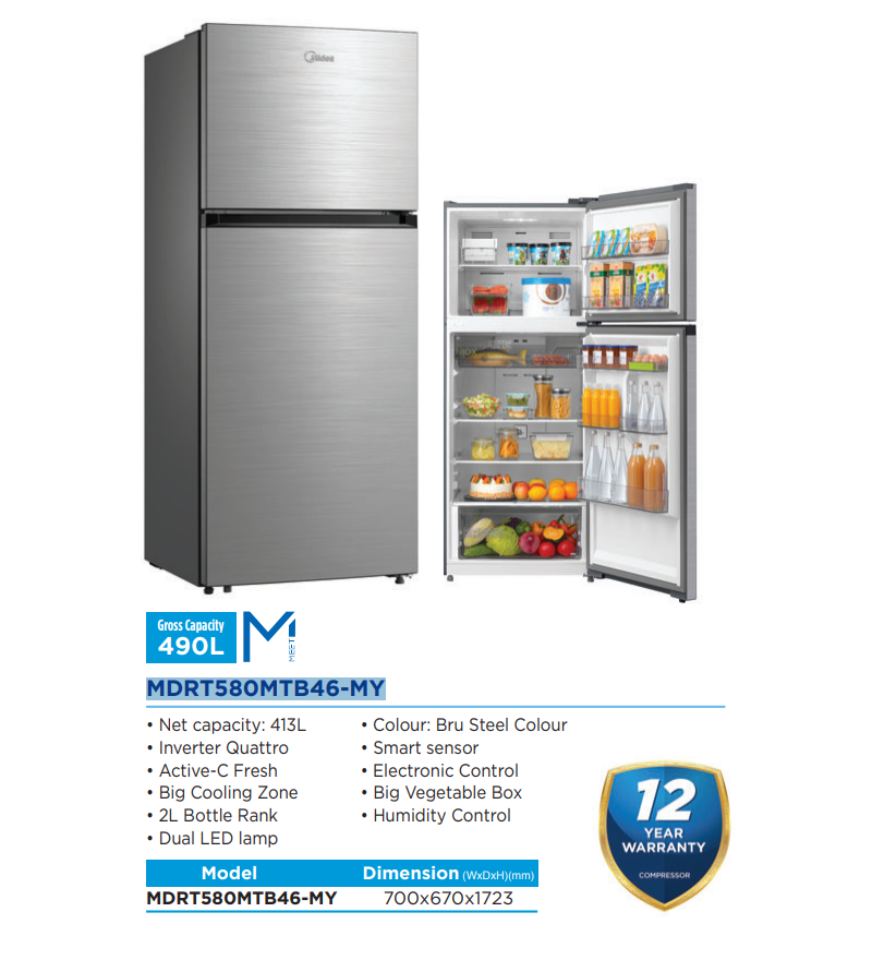 Midea 2 Door Fridge Refrigerator Inverter 400L 490L Peti Sejuk Peti Ais ...
