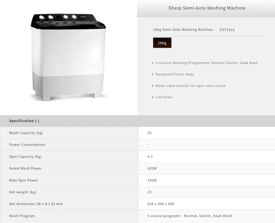 Sharp Mesin Basuh Separuh Auto 10kg Washing Machine Washer Semi Auto ...