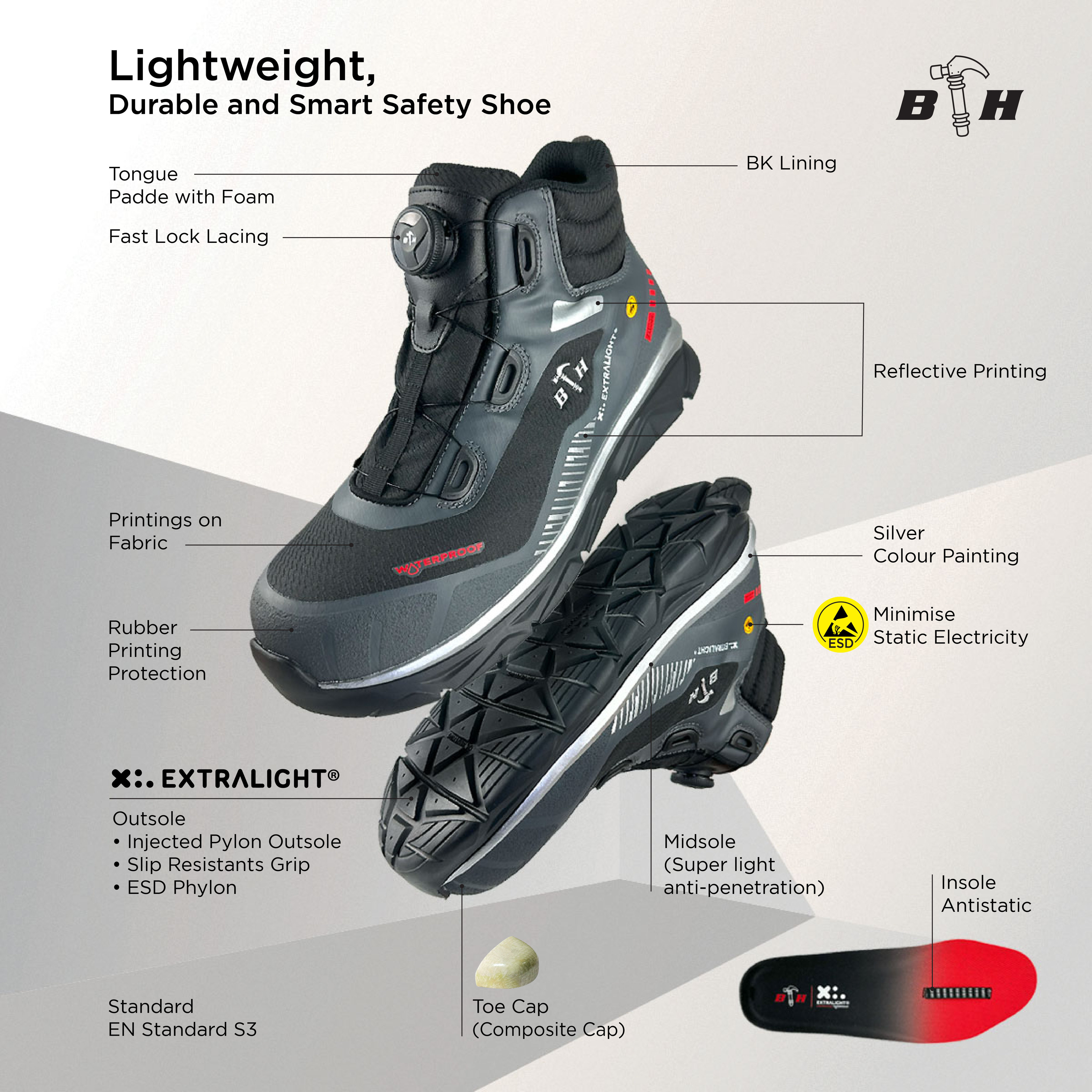 Black Hammer Pro Series Men Mid Cut Waterproof ESD Extralight Safety ...