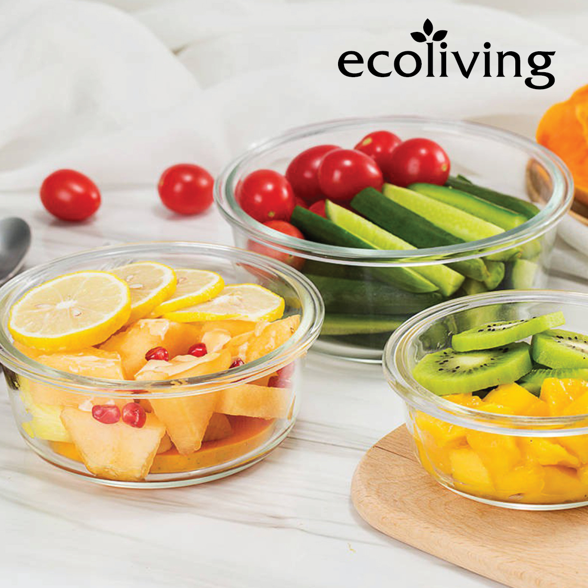 ECO LIVING 630/930ml Borosilicate Glass Round Airtight 4Side Lock Food ...