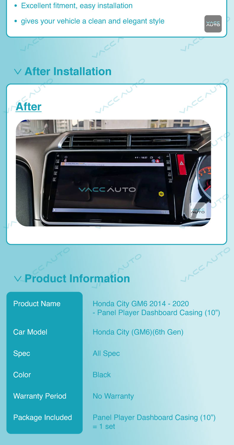 Honda City GM6 T9A 6th Panel Player Dashboard Casing 10 Inch City (2014-2019) Vacc Auto Car ...