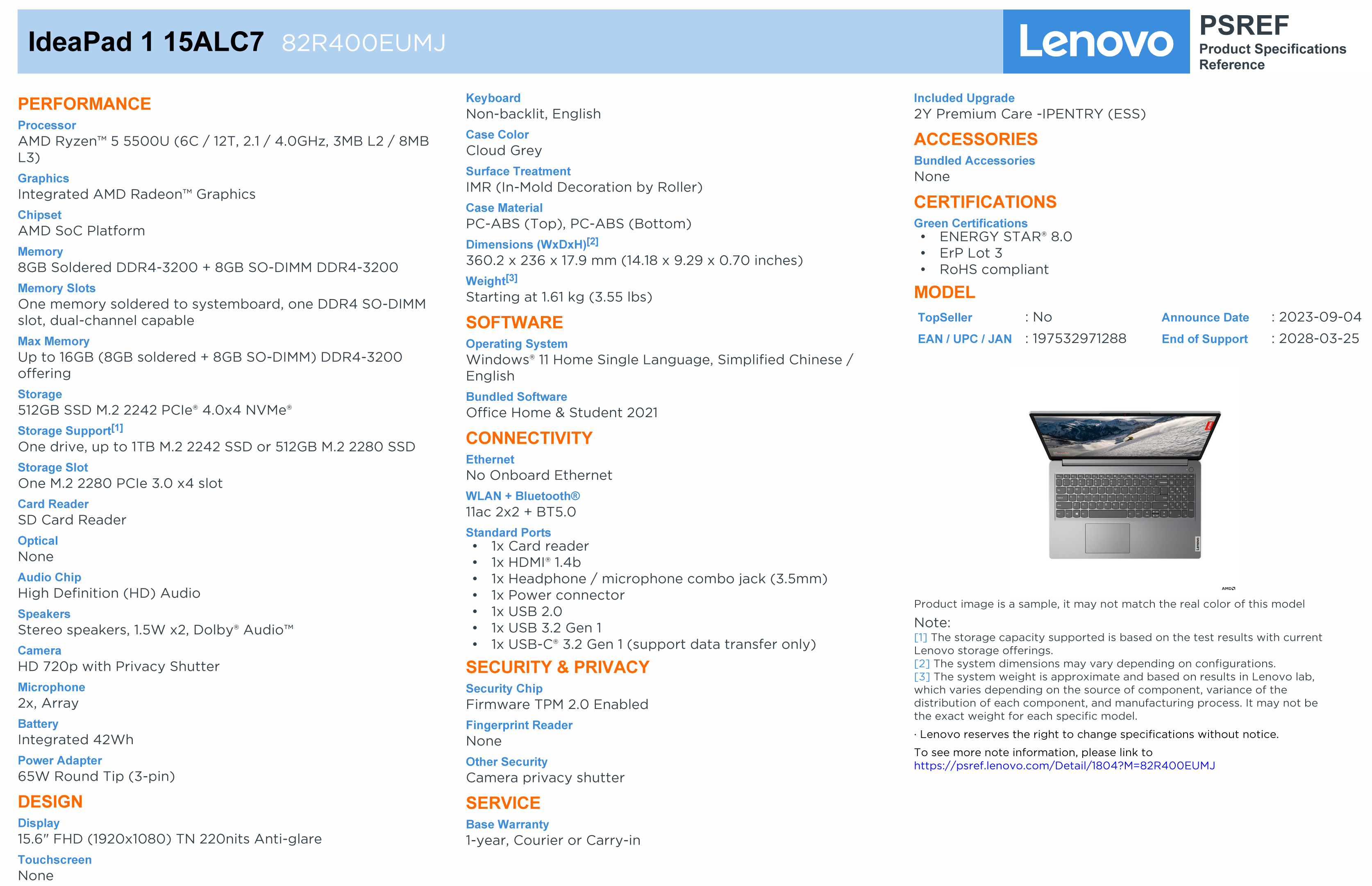 Lenovo IdeaPad 1 82R400EUMJ/82R400EVMJ 15" AMD Ryzen 5 16GB 512GB W11H OFF.H&S 2YR WRTY |FOC ...