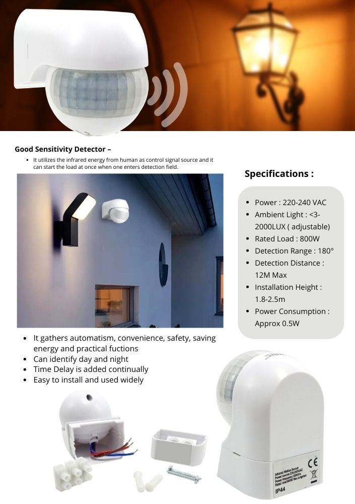 POTRIC Wall-Mounted Infrared Motion Sensor PIR Sensor Adjustable LED ...