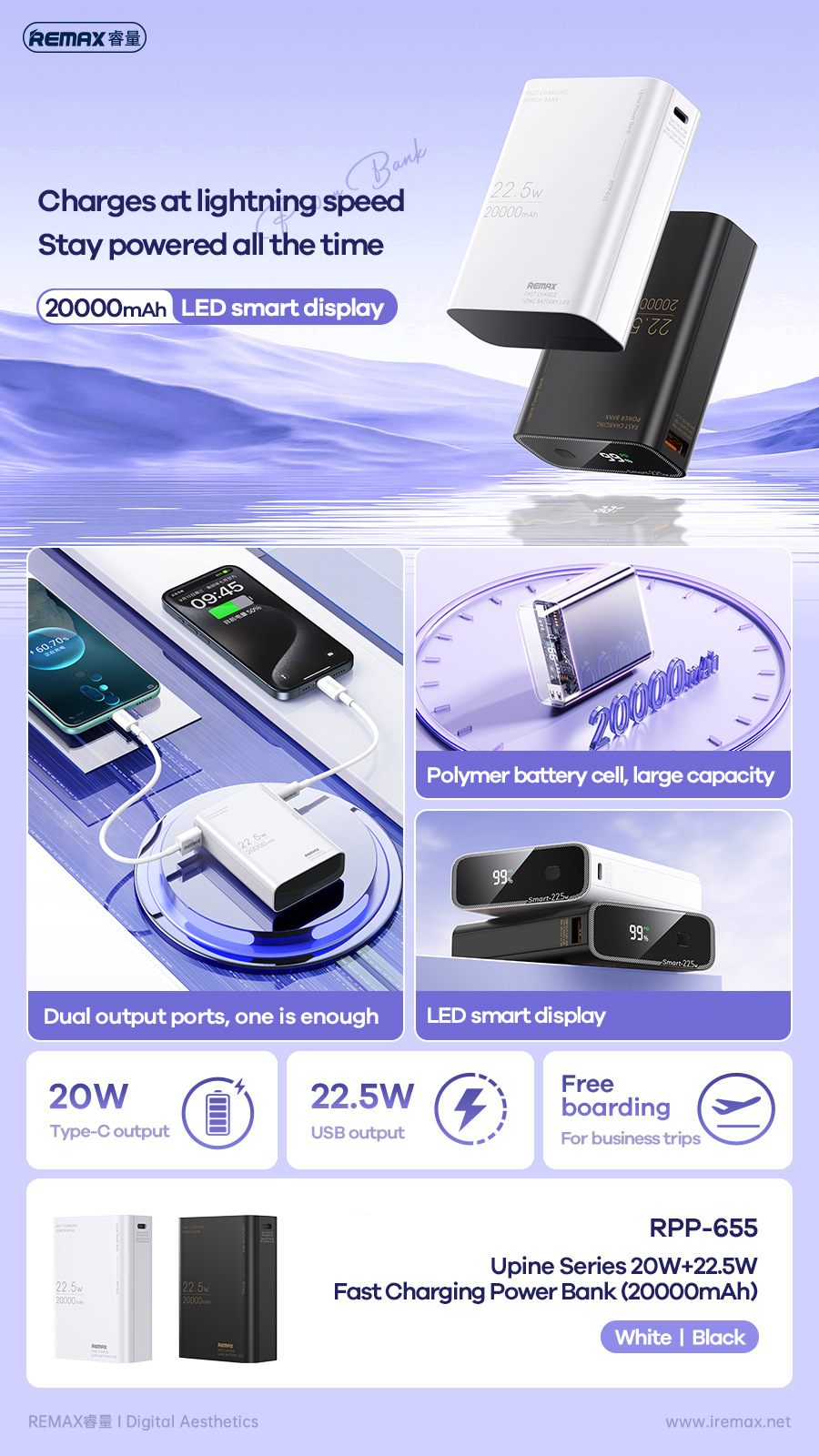 Remax RPP-653 / RPP-656 / RPP-655 upine series 65w+22.5w PD+QC 10000mAh ...