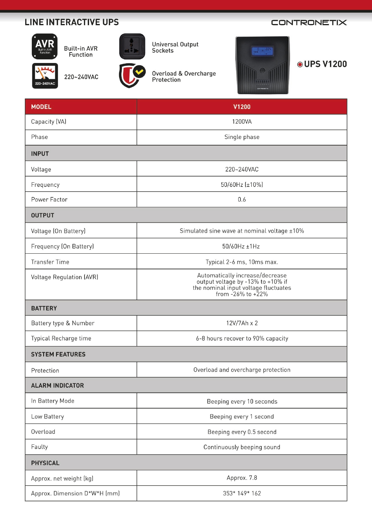 CONTRONETIX OFFLINE UPS V800 / V1200 / V2000 LINE INTERACTIVE AVR WITH ...