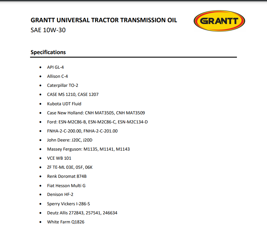18 Liter GRANTT Universal Tractor Transmission Oil UTTO SAE 10W-30.API: GL-4 18L AGRI 10W30 ...