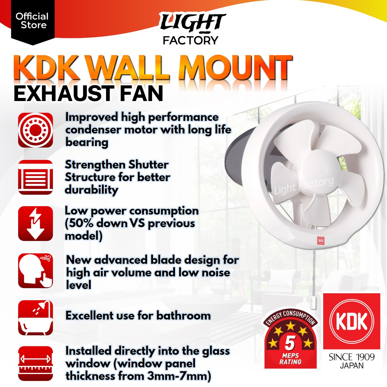 KDK 15WUD 20WUD Glass Mounted Exhaust Ventilating Fan 6" 15WUD 8" 20WUD ...