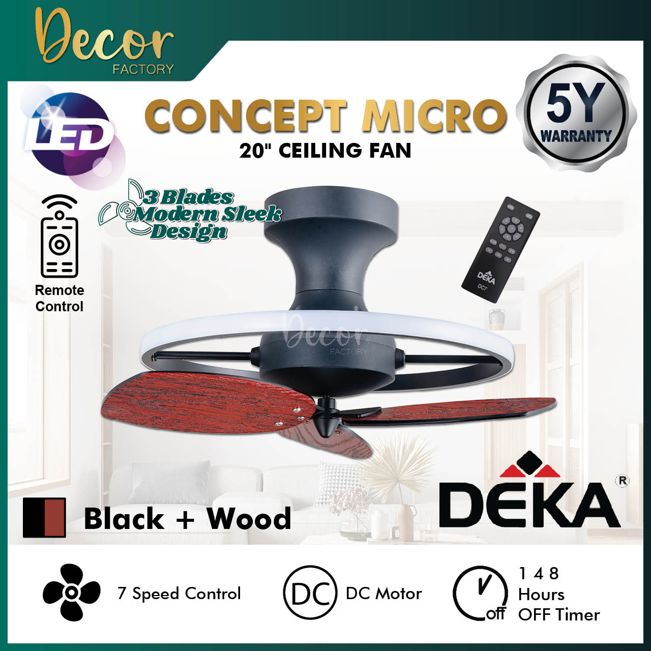 DEKA Fan DEKA CONCEPT MICRO 20" 3 Blades 14 Speed DCMotor Remote ...
