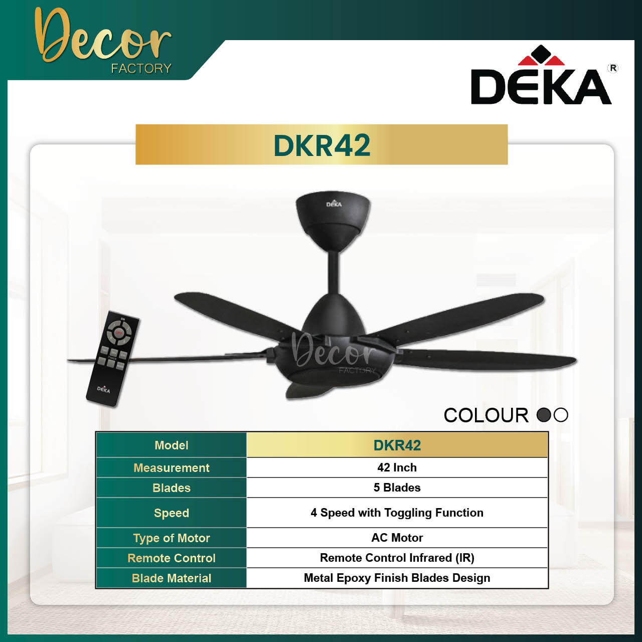 DEKA Fan DEKA DKR42 42" 5 Blades 4 Speed AC Motor With Remote Control ...