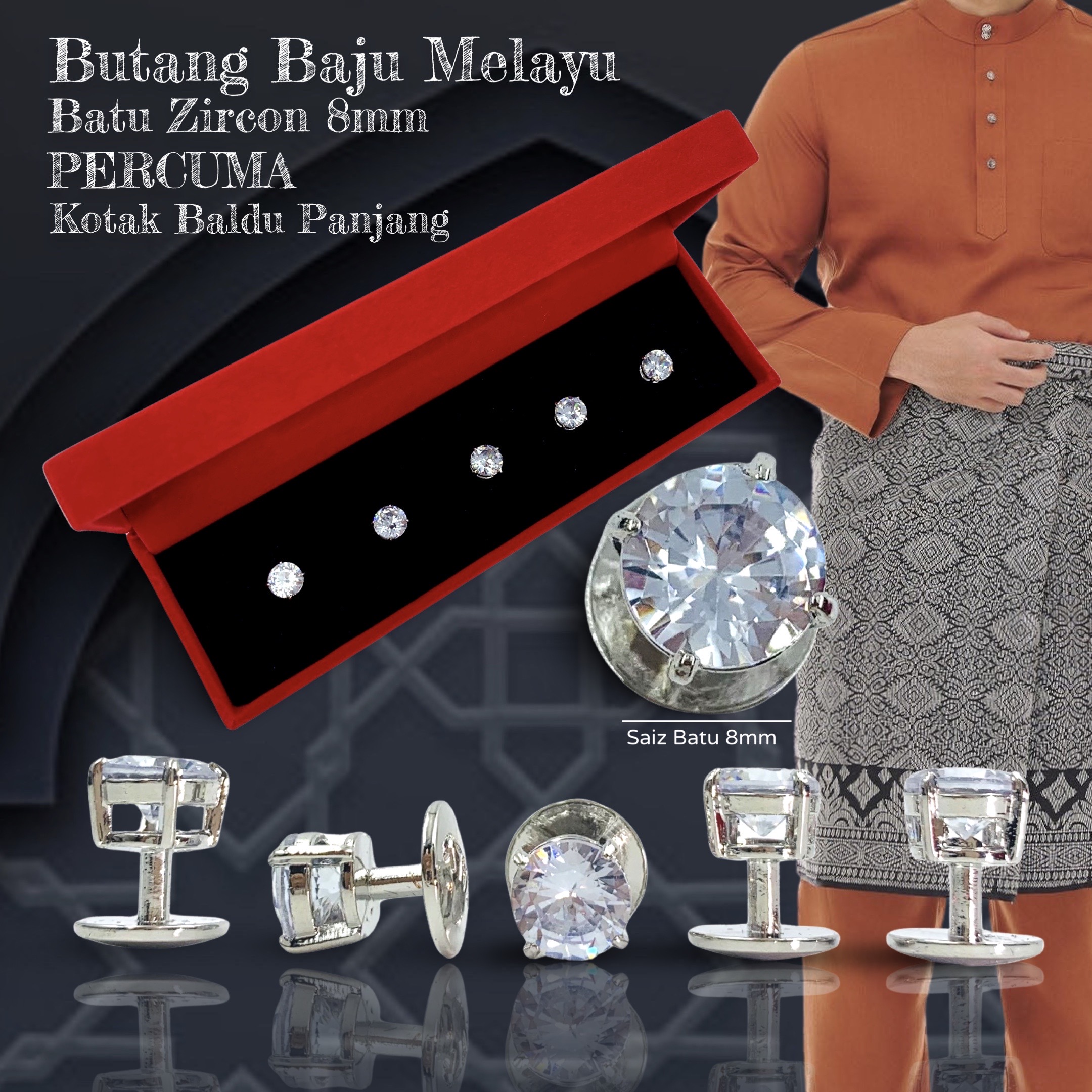 Butang Baju Melayu Set (5 pcs) Batu Zircon 8mm 9mm 10mm FREE Kotak ...