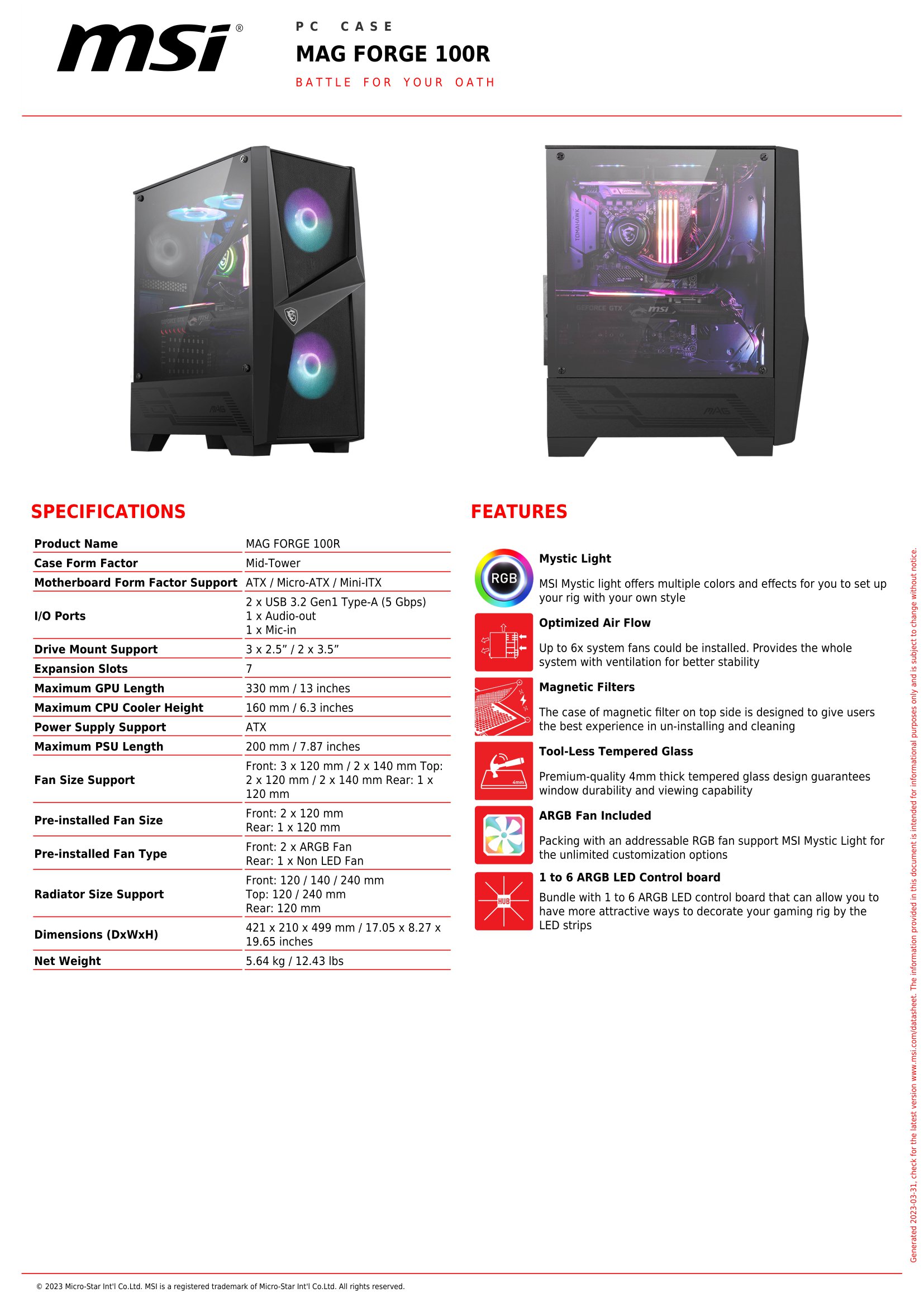 MSI MAG Forge 100R | ATX Tempered Glass Gaming Casing | 2x 120mm ARGB ...