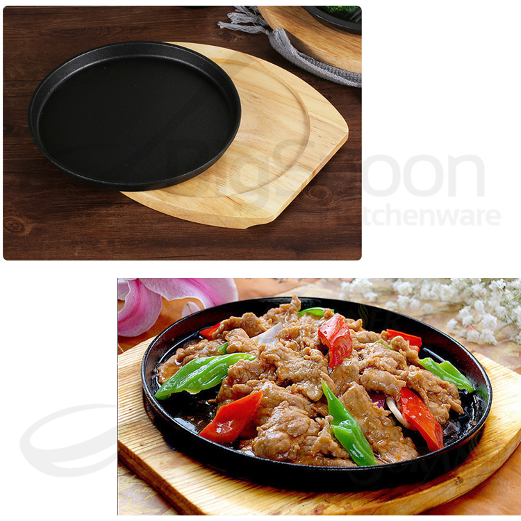BIGSPOON Cast Iron Sizzling Hot Plate Round Shape with Wood Underliner ...