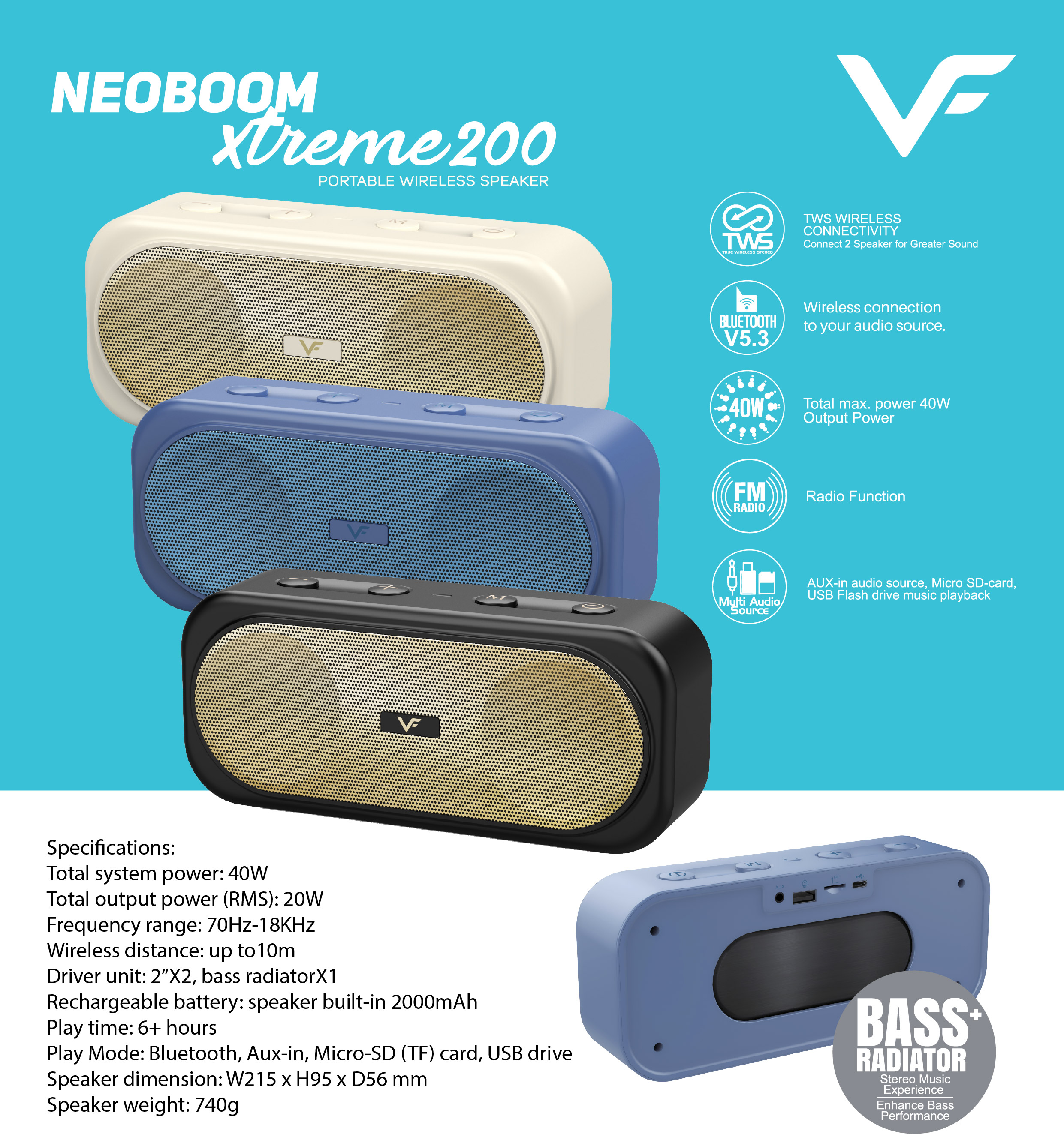 Vinnfier VF Neoboom Xtreme 200W Audio Wireless Portable Bluetooth ...