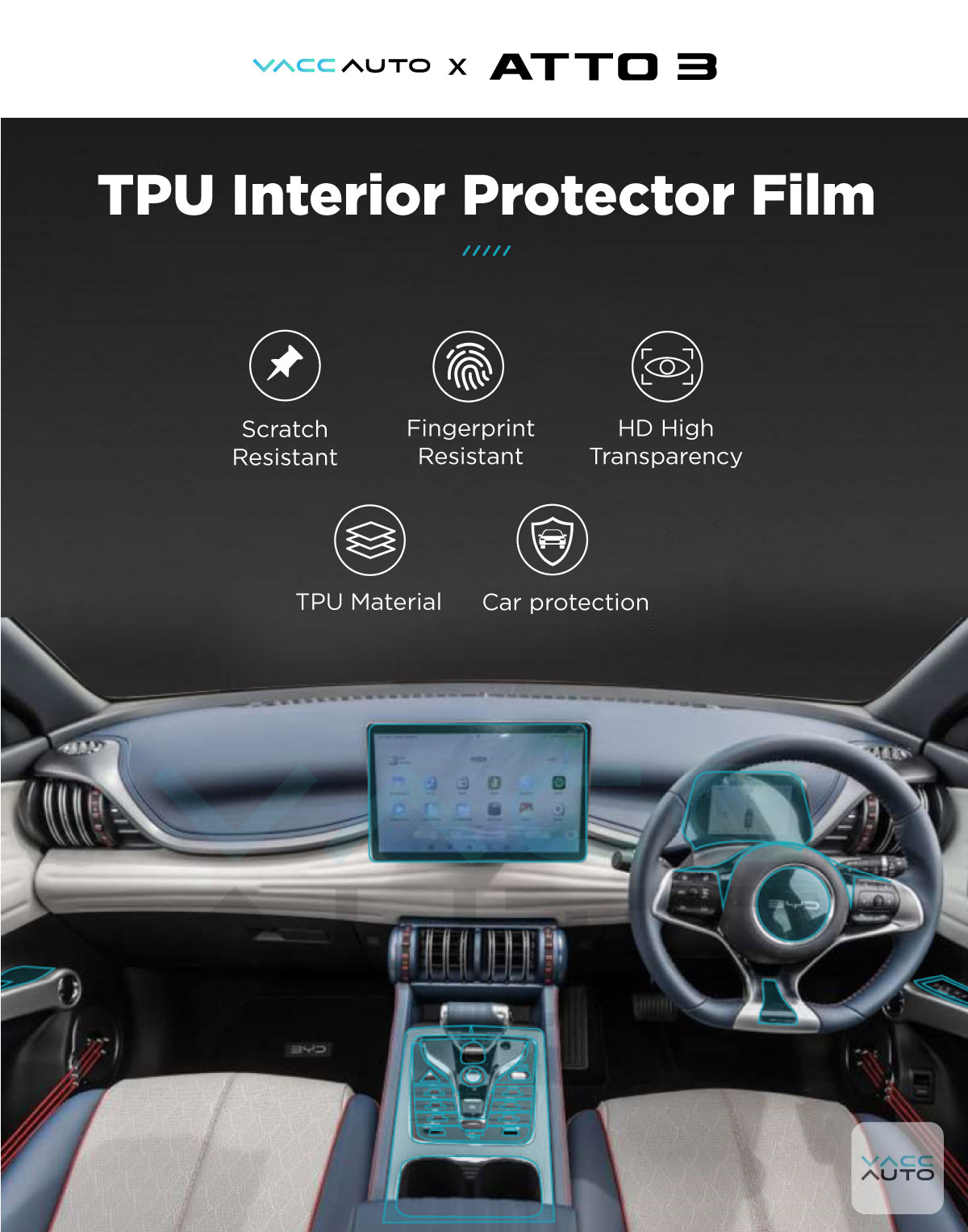 BYD Atto 3 2022 - 2026 Transparent TPU Interior Protector Film Scratch ...