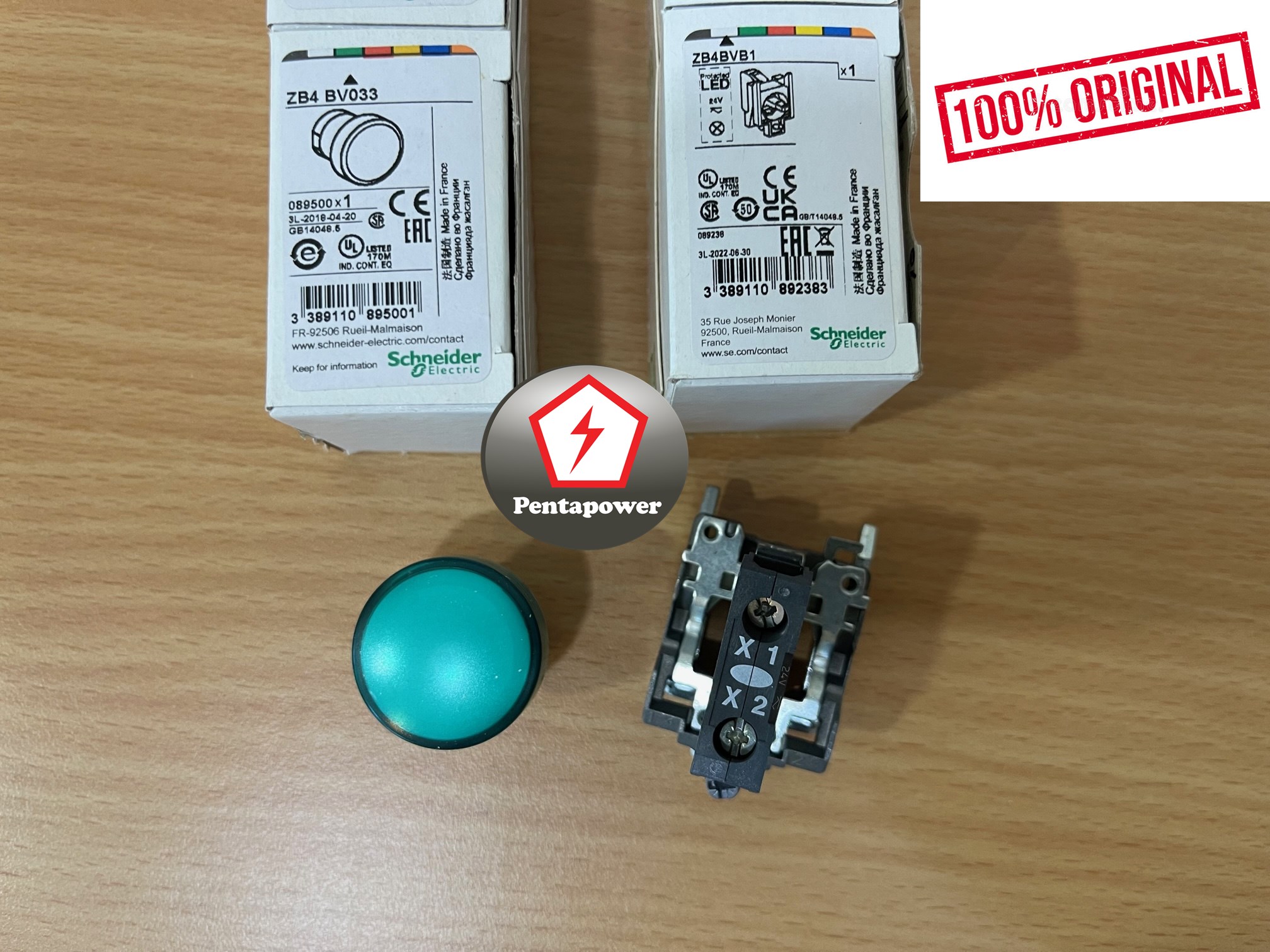 SCHNEIDER XB4BVB3 ( ZB4BV033 + ZB4BVB1 ) XB4, Pilot light, metal, green, Ø22, plain lens with ...