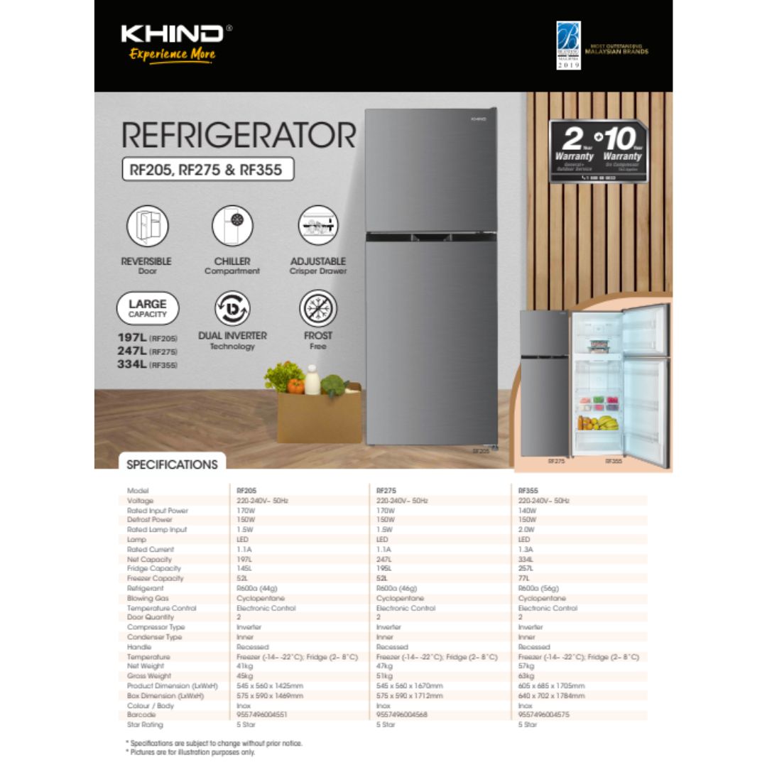 Khind 2-Door Dual Inverter Refrigerator RF205 (197L) / RF275 (247L ...