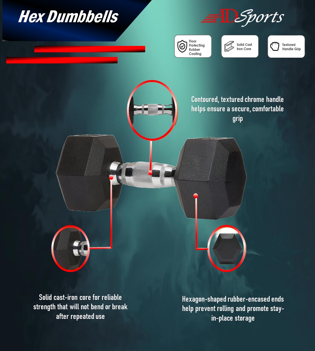 ADSports Commercial Grade 1 Unit 2.5/5/7.5/10/12.5kg Hexagon Dumbbell Rubber Coated With Iron ...