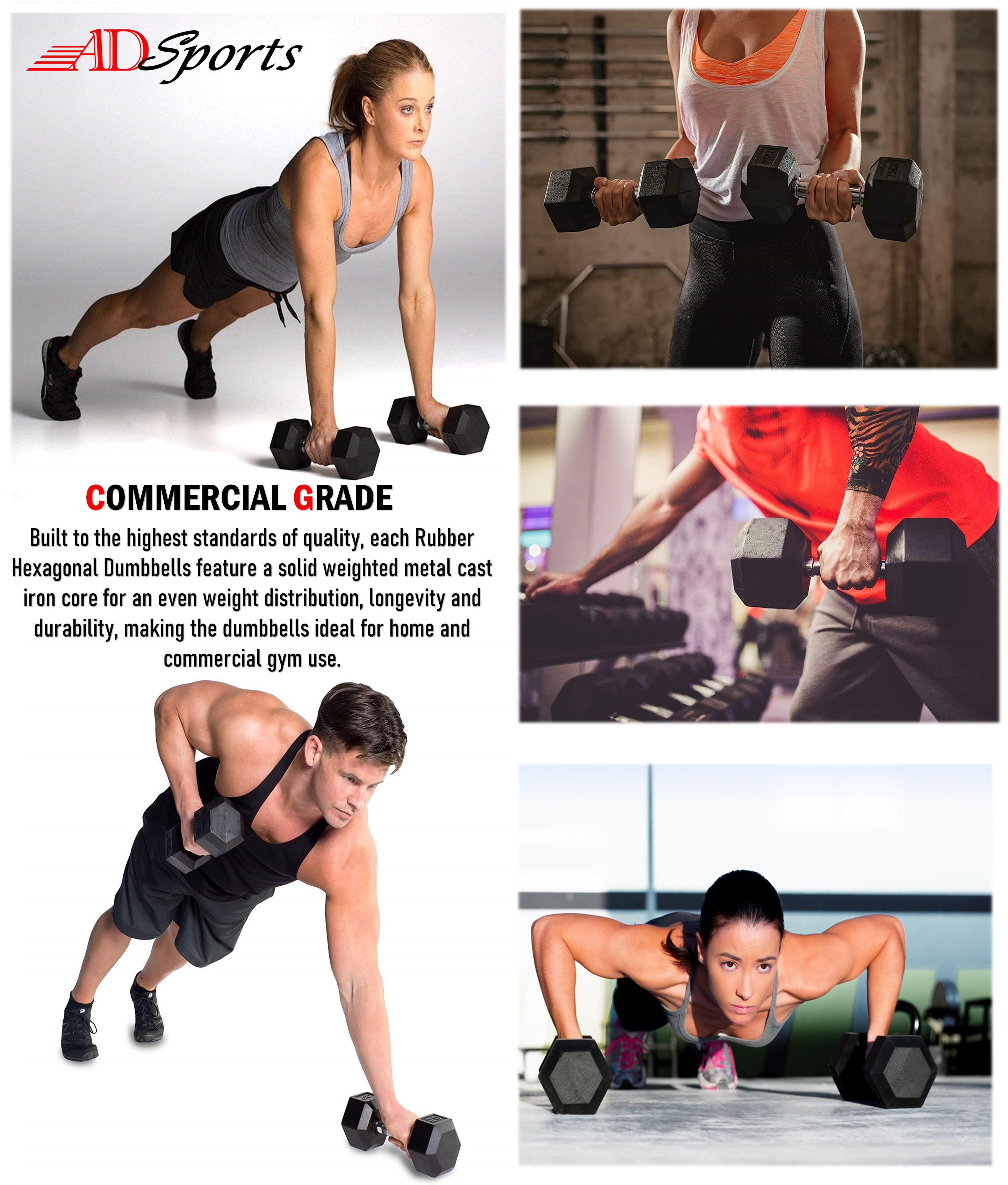 ADSports Commercial Grade 1 Unit 2.5/5/7.5/10/12.5kg Hexagon Dumbbell Rubber Coated With Iron ...