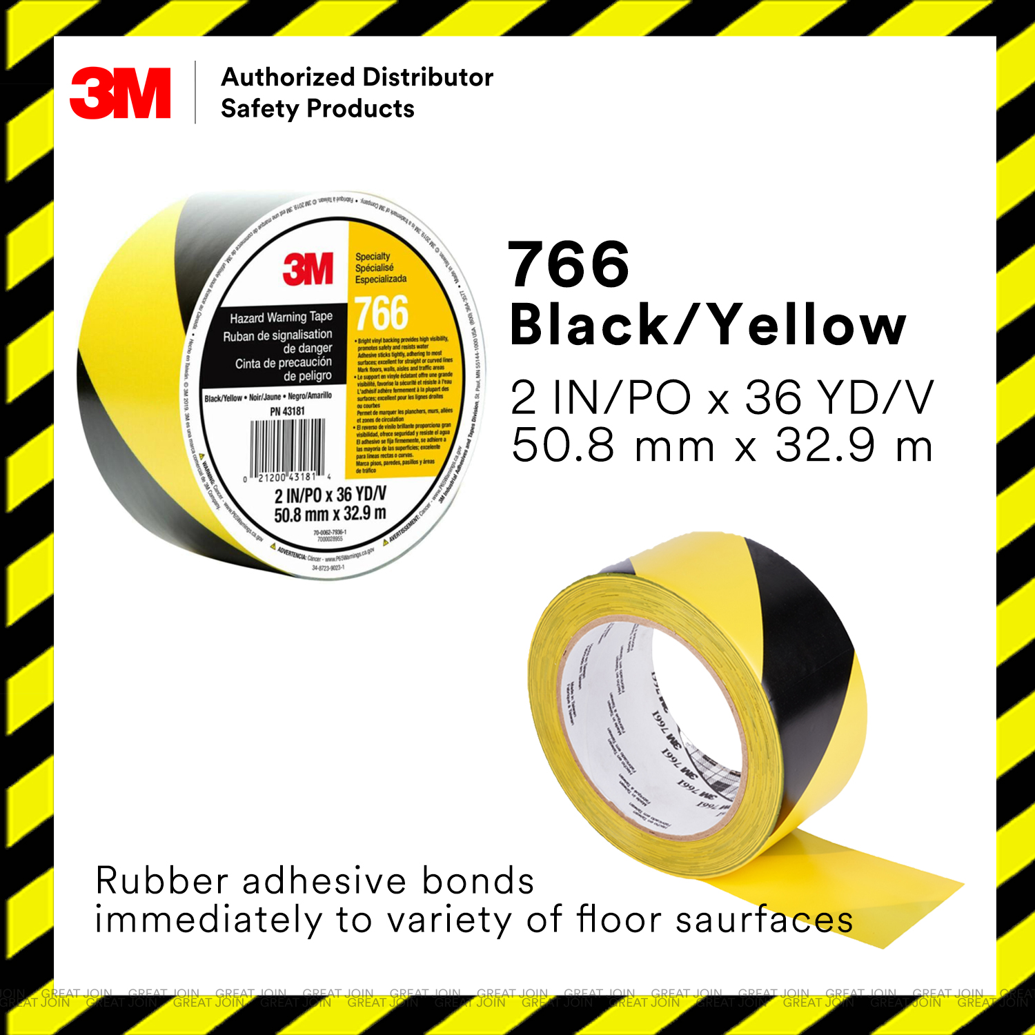 3M Vinyl Tape 766 Black & Yellow / 767 Red & White Stripe Hazard Warning Floor Tape [50.8 mm x ...