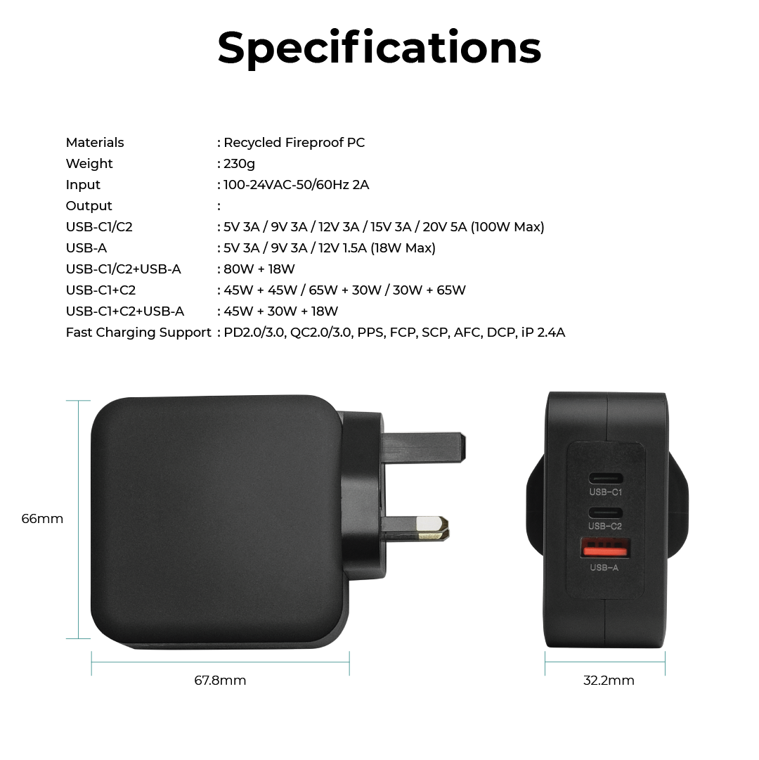 CURIO 3 Ports Universal GaN Fast Charger/PD QC/2 USB-C 1 USB-A for ...