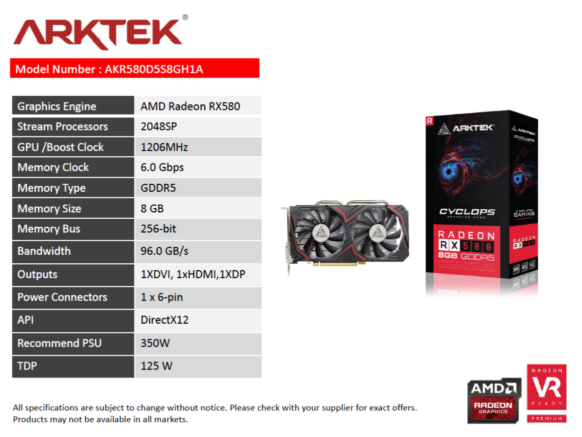 Arktek AMD Radeon RX580 8GB GDDR5 256-bit V3 HDMI / DVI / DP PC Desktop Graphics Card GPU ...