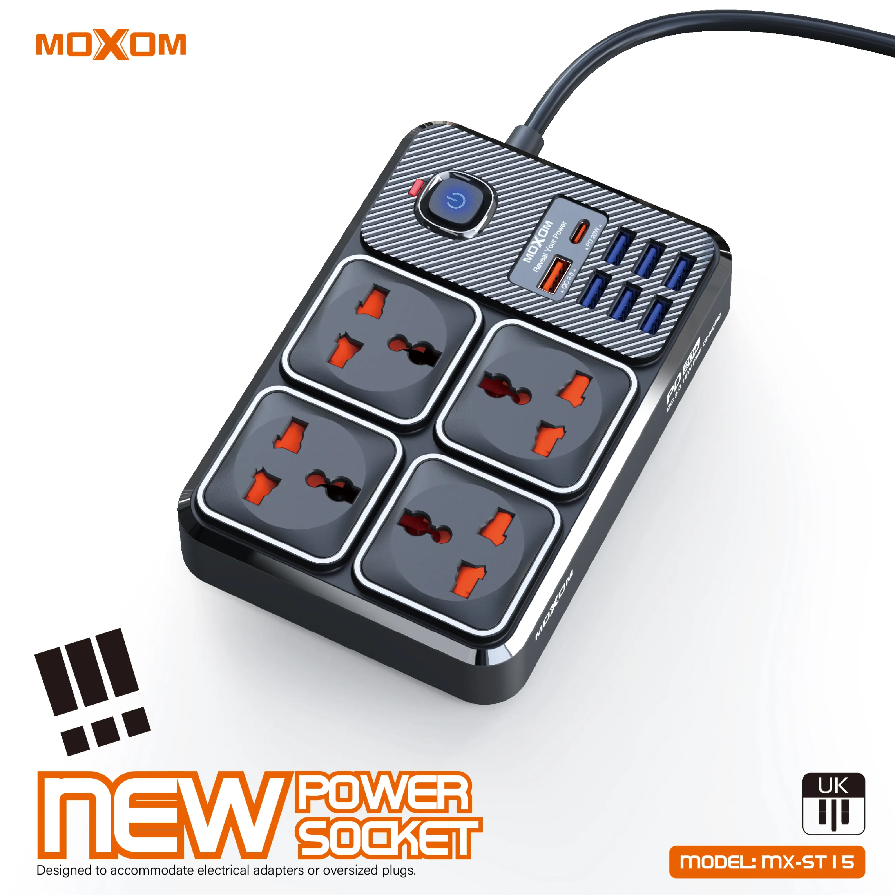 MOXOM MX-ST15 EXTENSION 4 POWER SOCKET + 7 USB + 1PD 20W USB C QC 18W ...