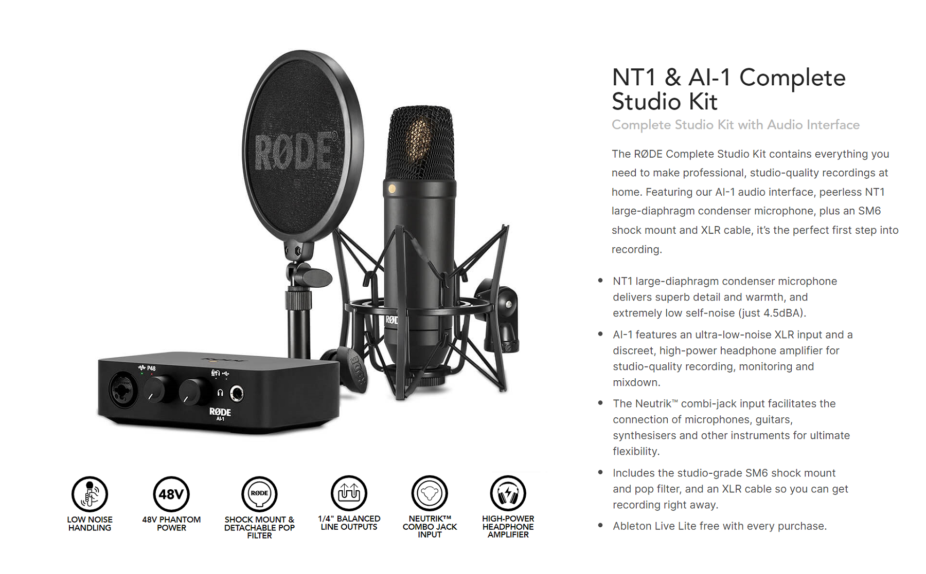 RODE NT1 & AI-1 COMPLETE STUDIO KIT WITH SINGLE-CHANNEL AUDIO INTERFACE ...