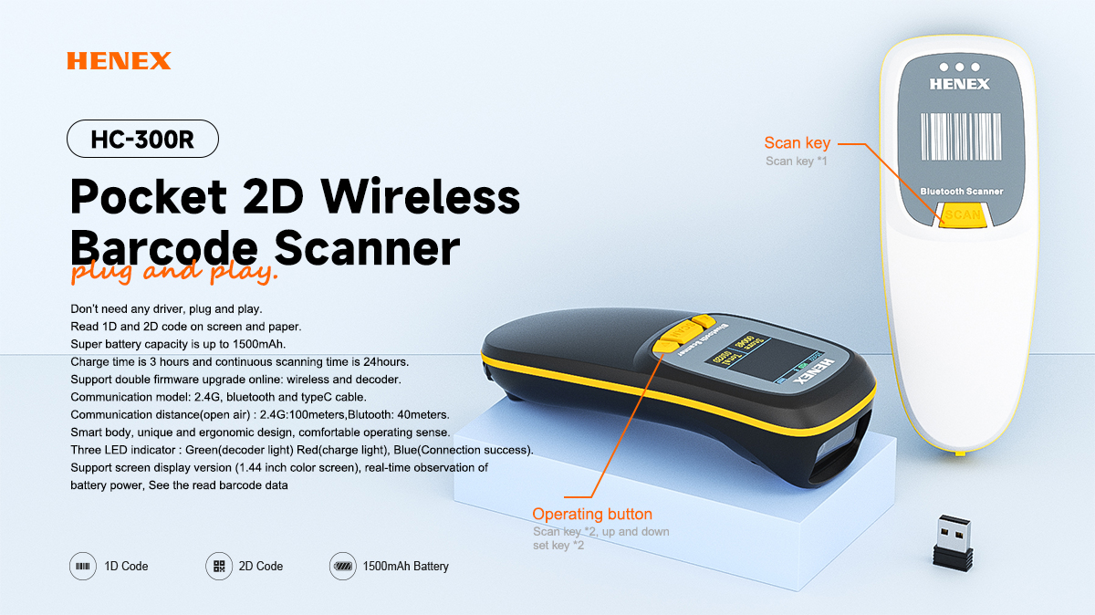 HENEX HC300R Bluetooth Barcode Scanner Price Tag Scanner USB Wireless ...