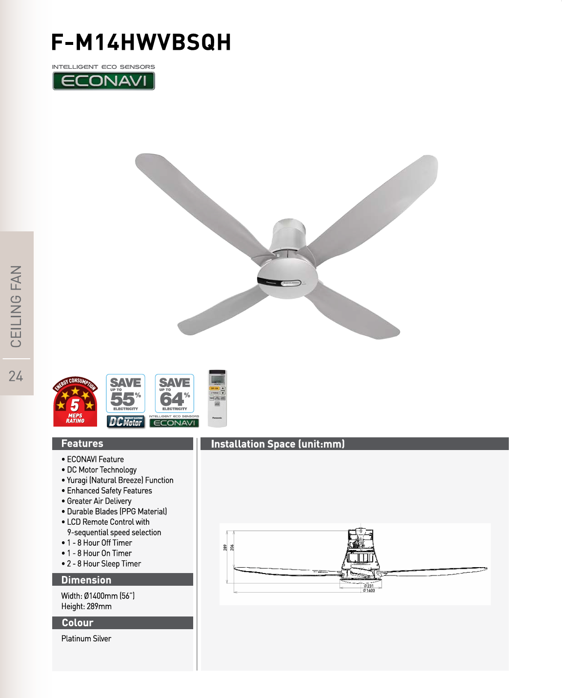 Panasonic 56 Inch DC Motor Ceiling Fan Econavi YURAGI 4 Blades Kipas ...