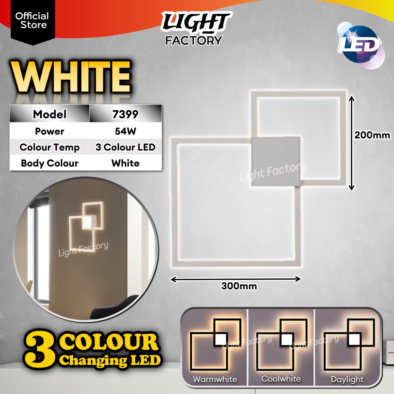 Decorative Ceiling Light Modern Nordic Wall Lamp Square 3 Colour LED ...