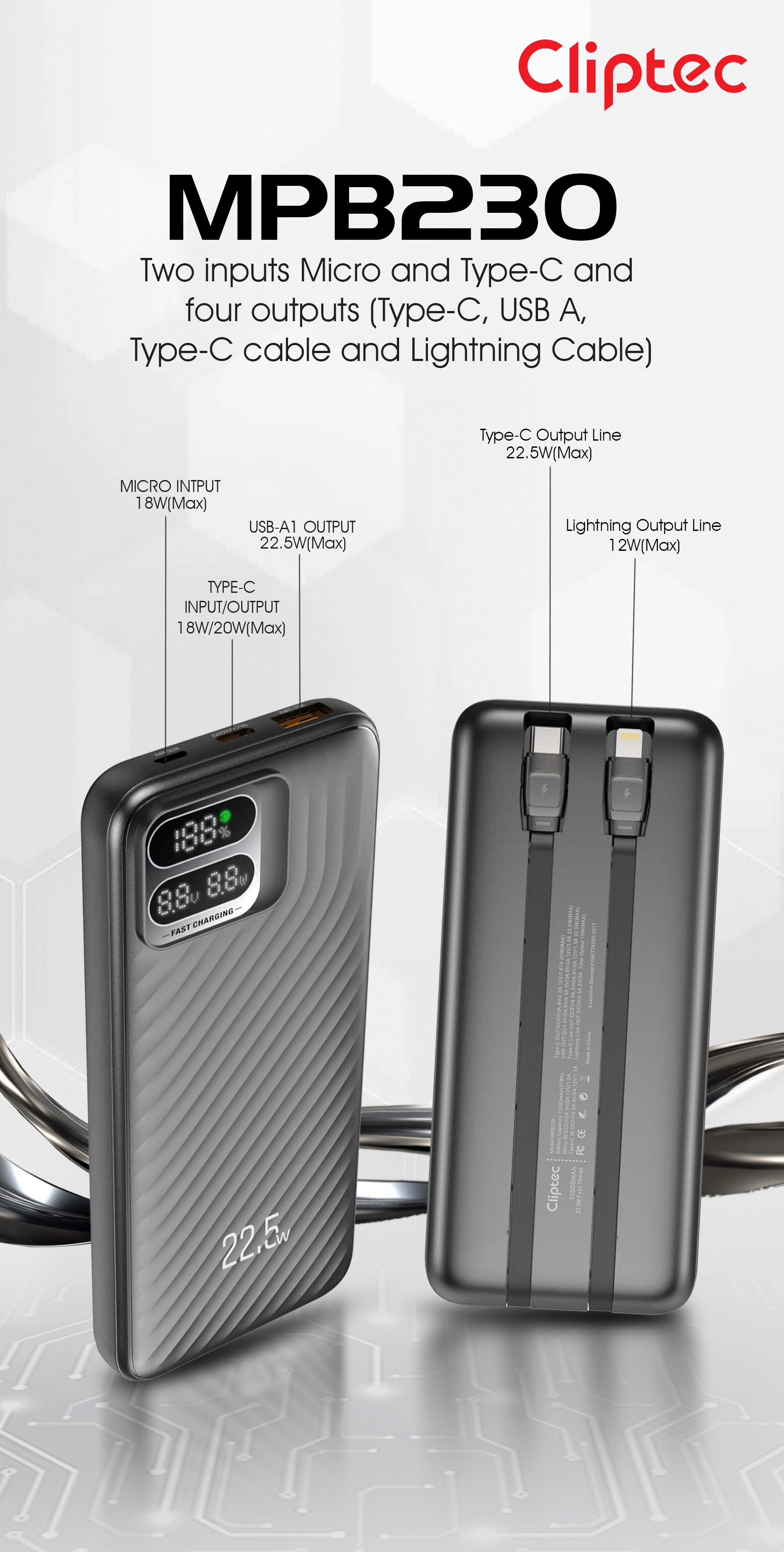 Cliptec MPB230 10000mAh 22.5W + PD20W Fast Charging Power Bank With ...