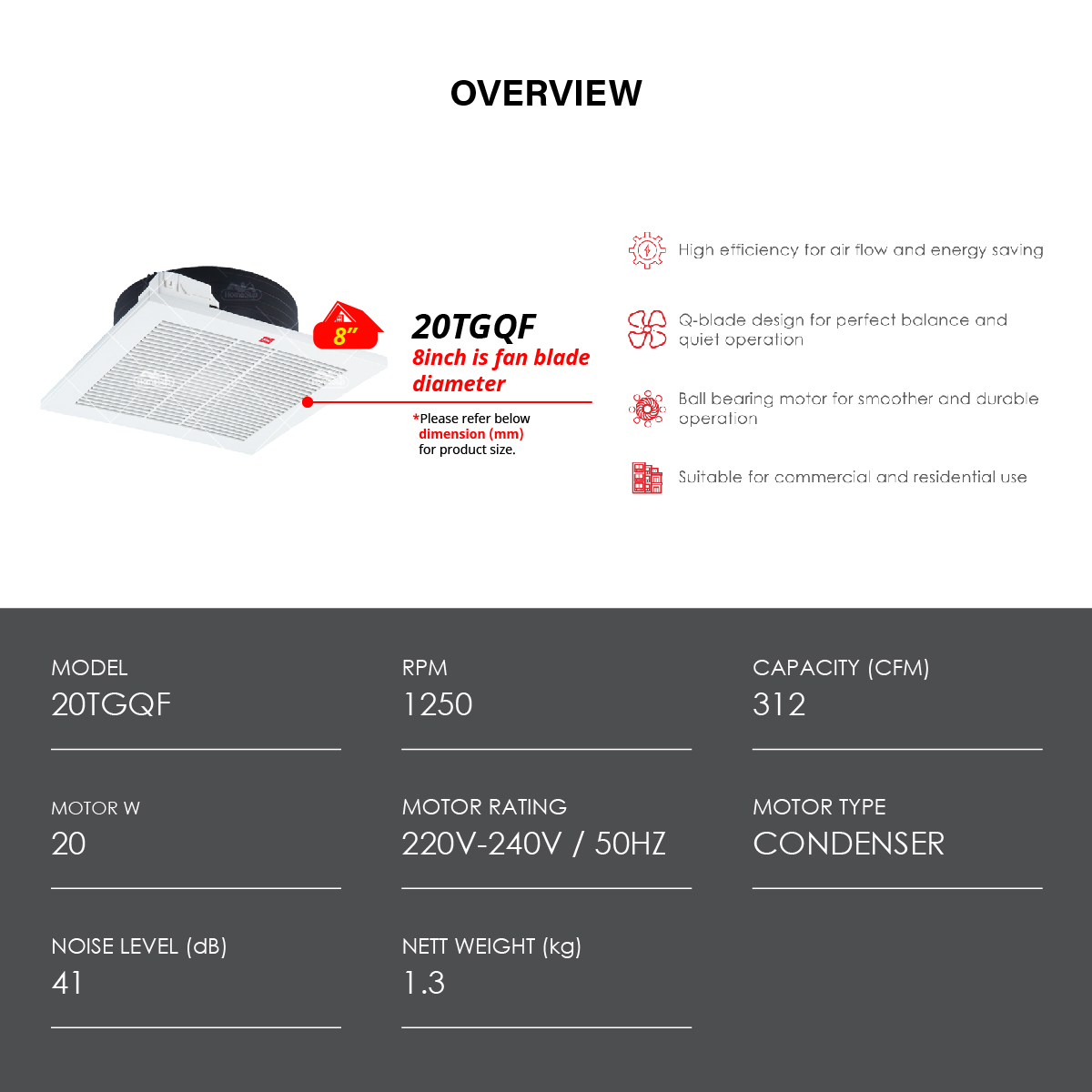 KDK 20Tgqf Exhaust Fan – 8 Inch Fan Blade, Ceiling Mounted Ventilation ...