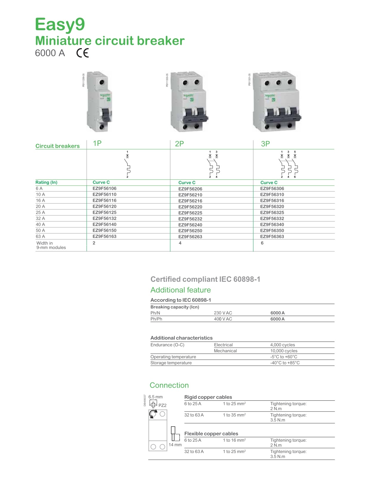 SCHNEIDER ELECTRIC EASY9 MINIATURE CIRCUIT BREAKER (MCB), 6000A, 230V/ 400V, 1P/ 2P/ 3P, 10A-63A ...