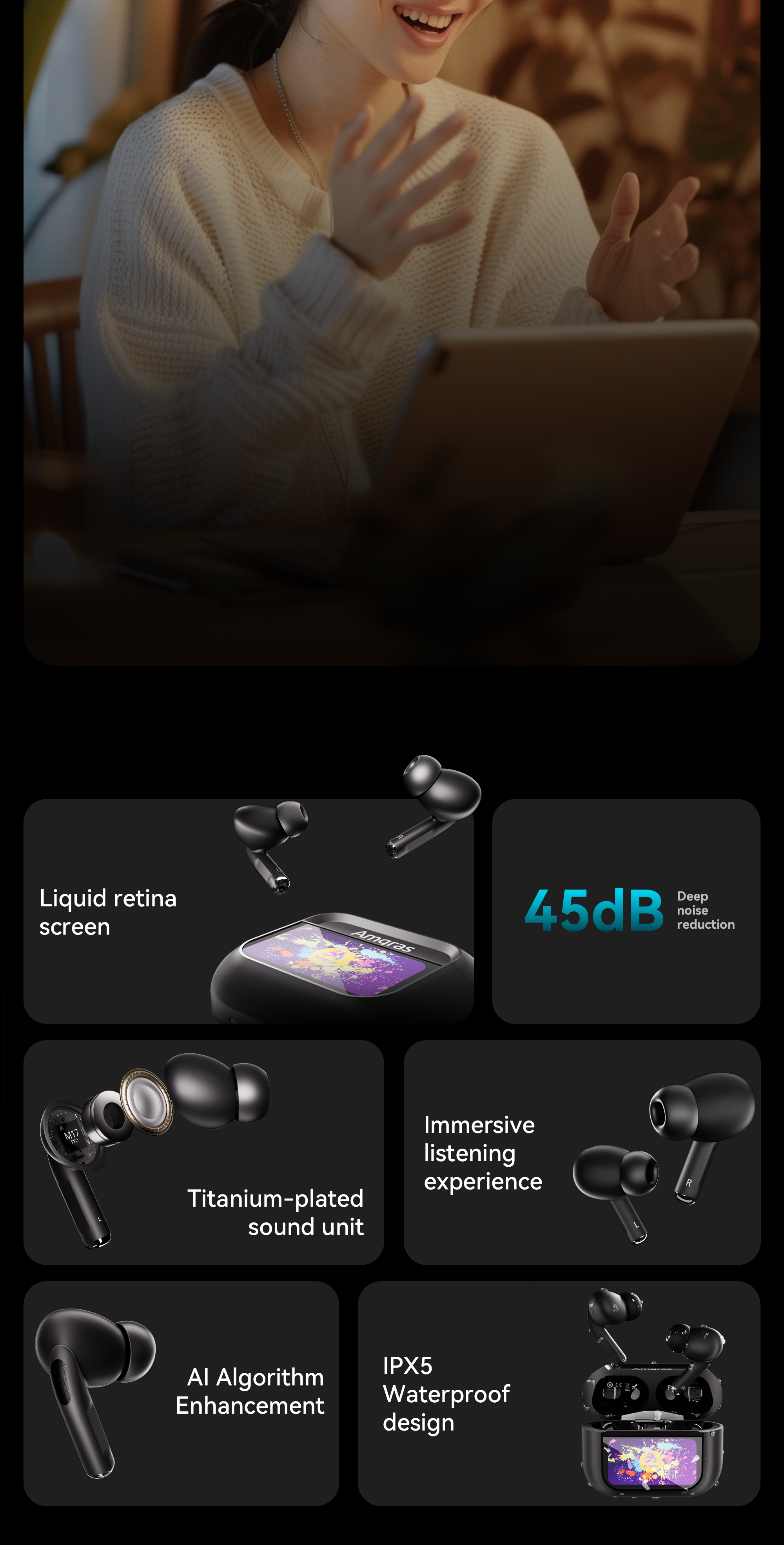 Amgras Eternity Ⅳ Major Smart Screen earphone Bluetooth Wireless Earbud ...