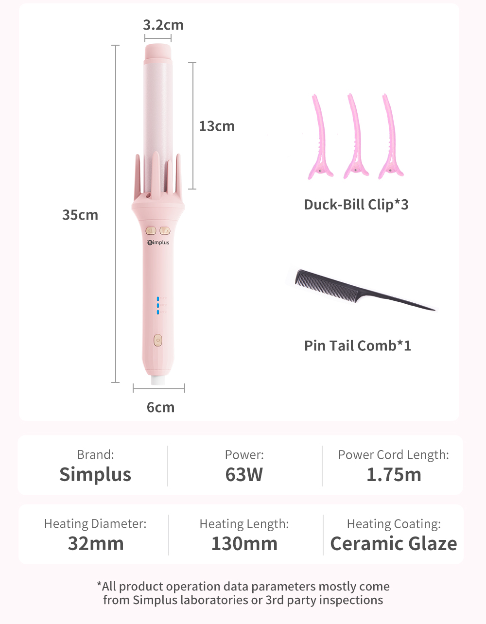 【Simplus Pink】Auto Curling Iron 32MM Long Lasting Big Curls Loose Waves No-Damage Hair Styler ...