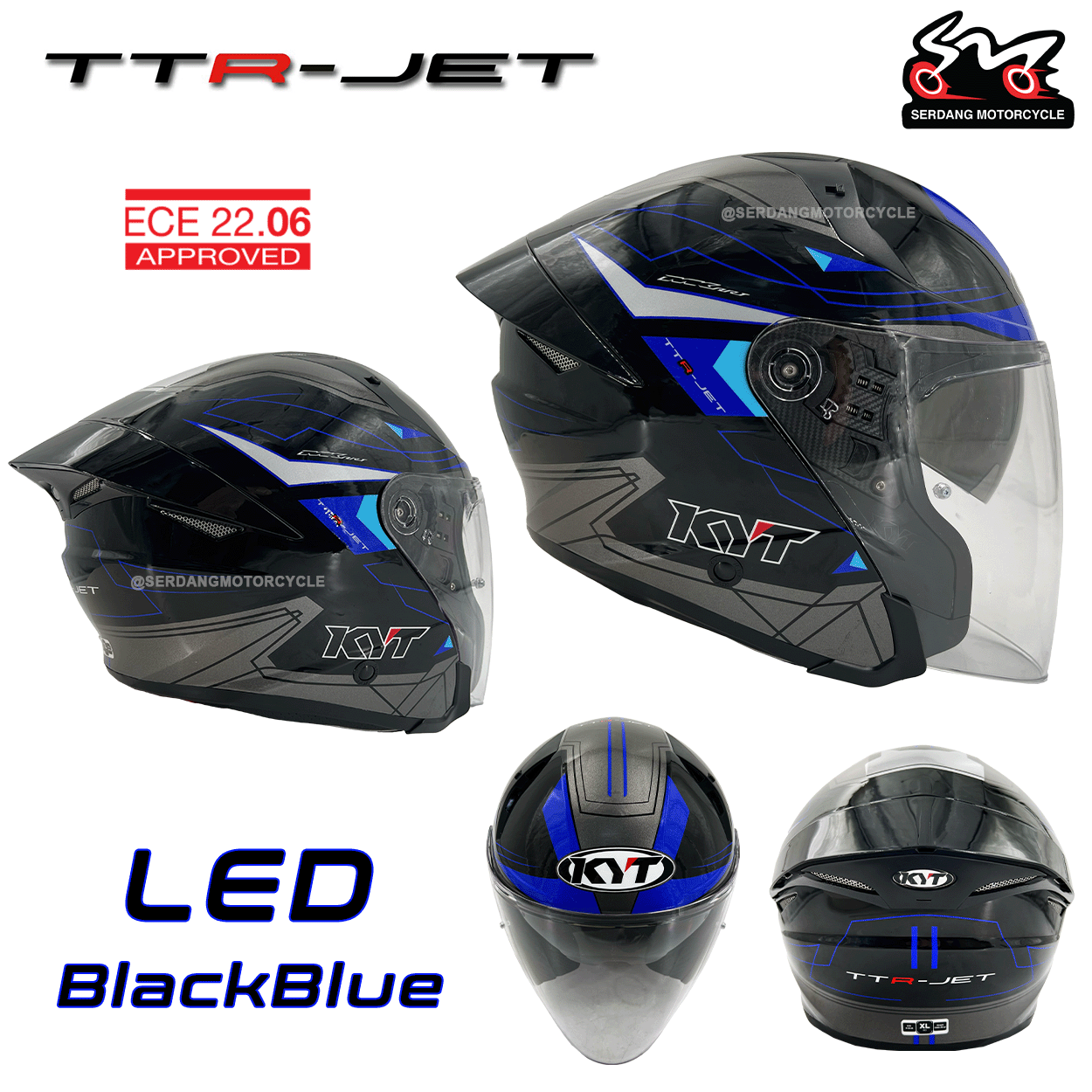 KYT HELMET KYT TTR JET LED RED BLUE GREY OPEN FACE HELMET DOUBLE VISOR X005 X006 X007 ECE22.06 ...