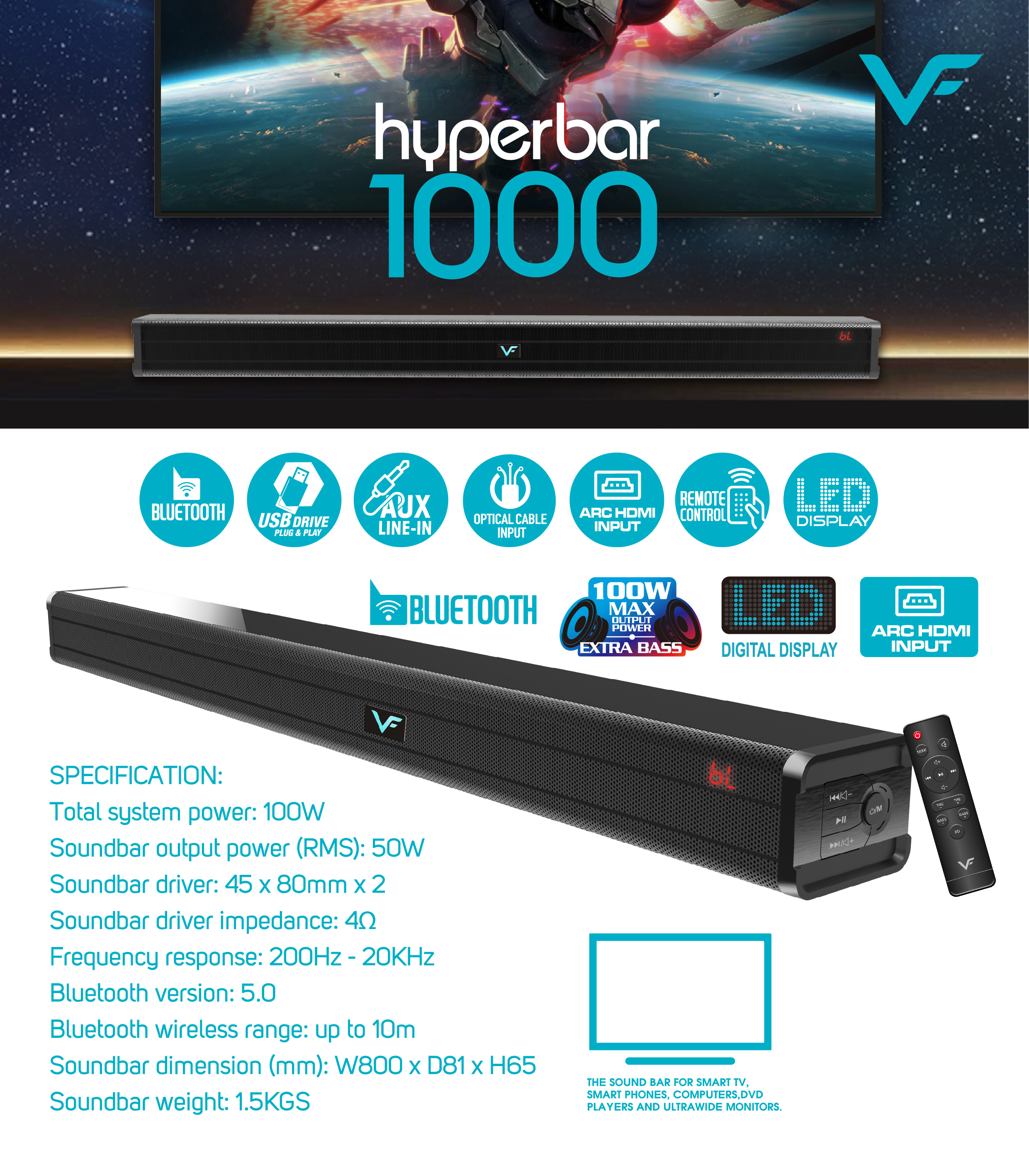 Vinnfier VF Hyperbar 1000 Stereo Karaoke System Bluetoth TV soundbar ...