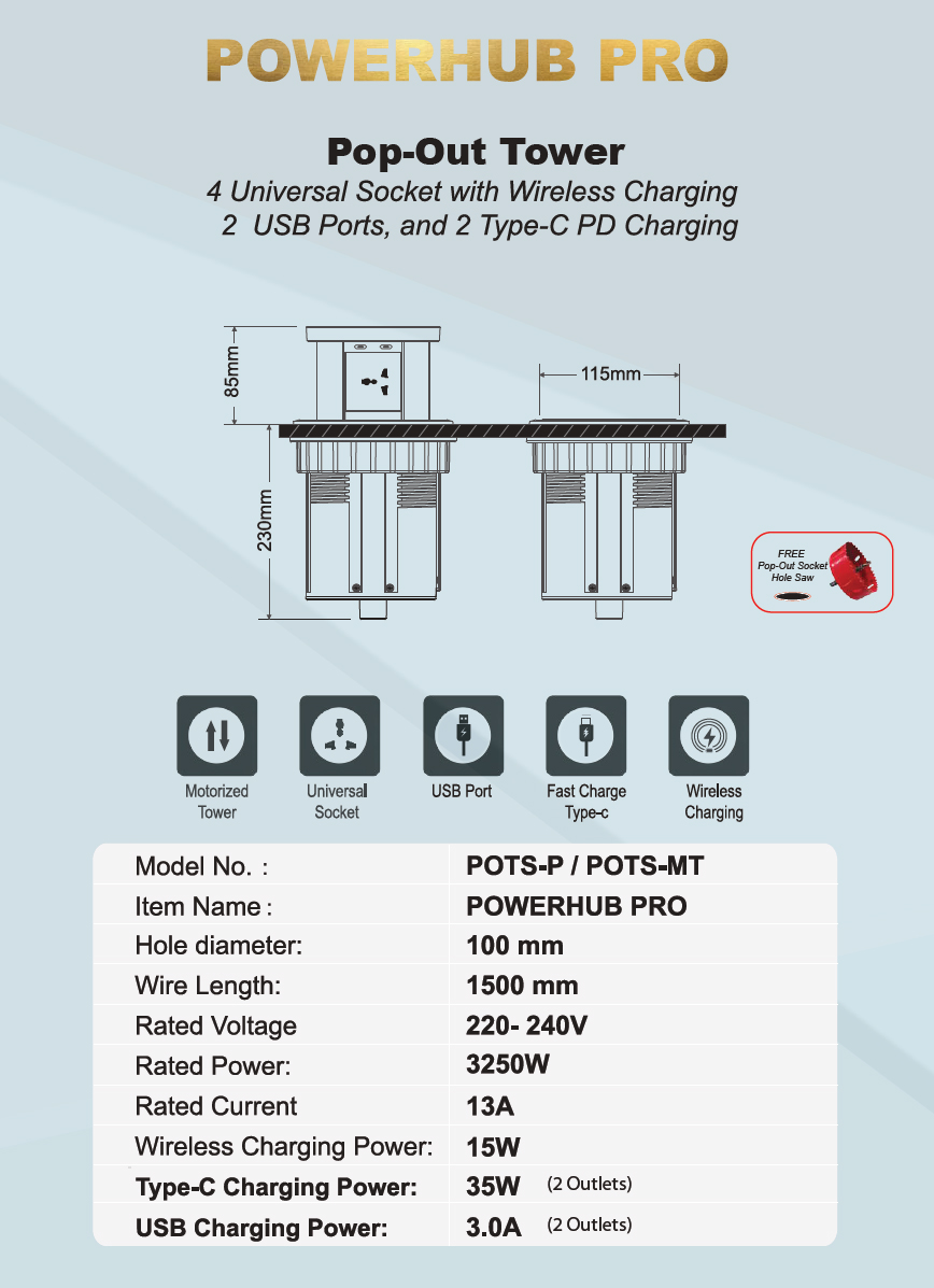 reTouch Powerhub PRO Pop-Up Lifting Retractable 4 Socket Tower Socket ...