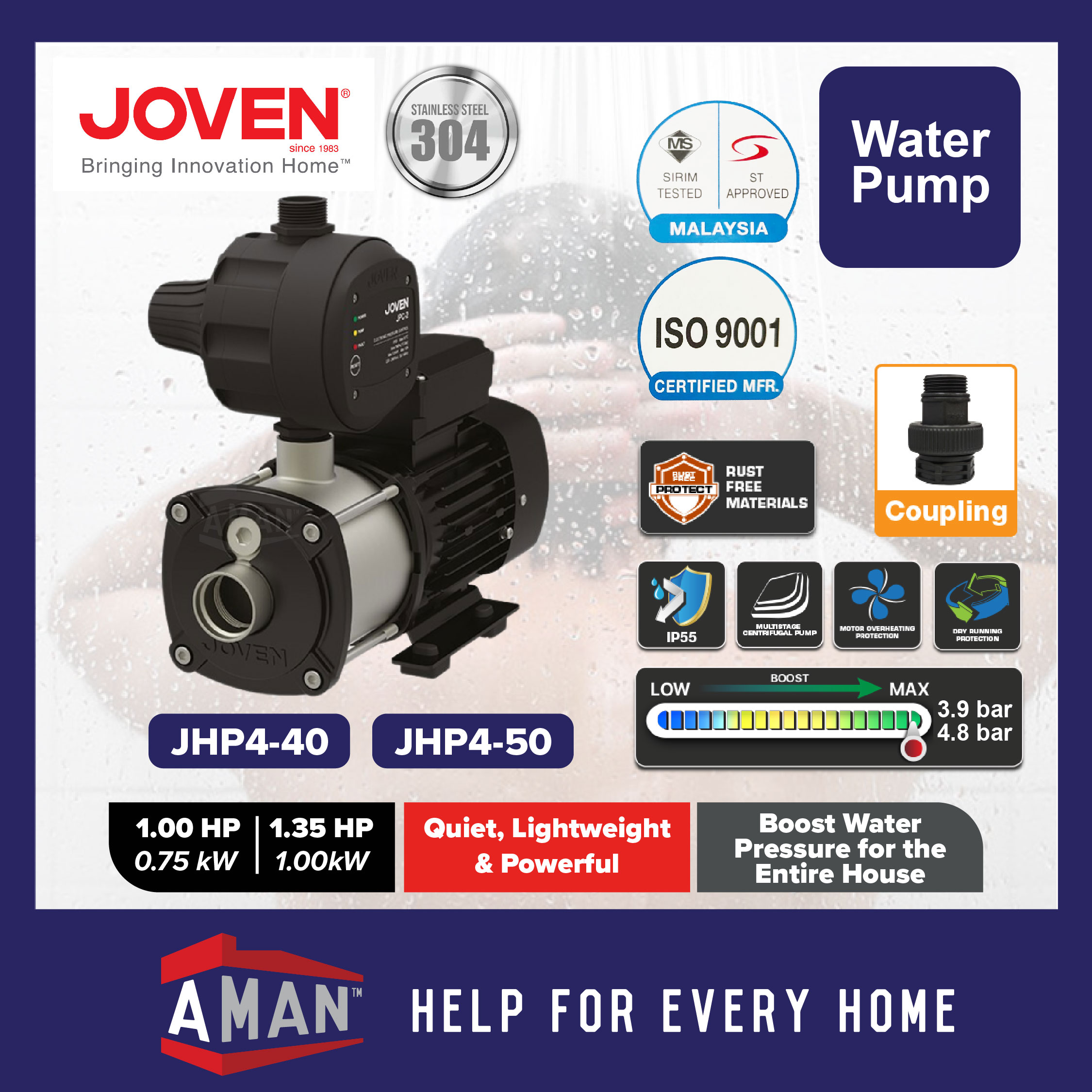 JOVEN Automatic Domestic Water Pump Water Booster Pump Home Living Shower Pam Air 1.0HP JHP4-40 ...