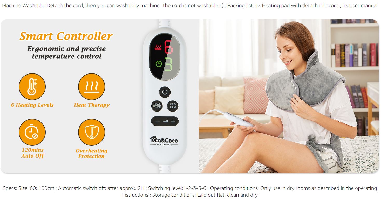 Mia&Coco Electric Heating Pad for Back Pain Relief, Neck and Shoulders ...