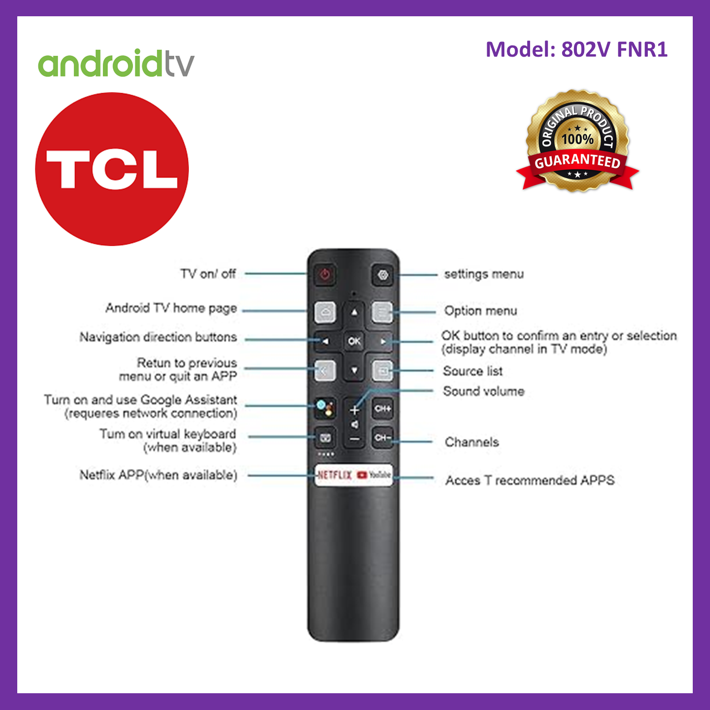 TCL Original Android 4K UHD Smart TV Remote Control 802V FNR1 TCL 4K UHD HDR Smart Android TV ...