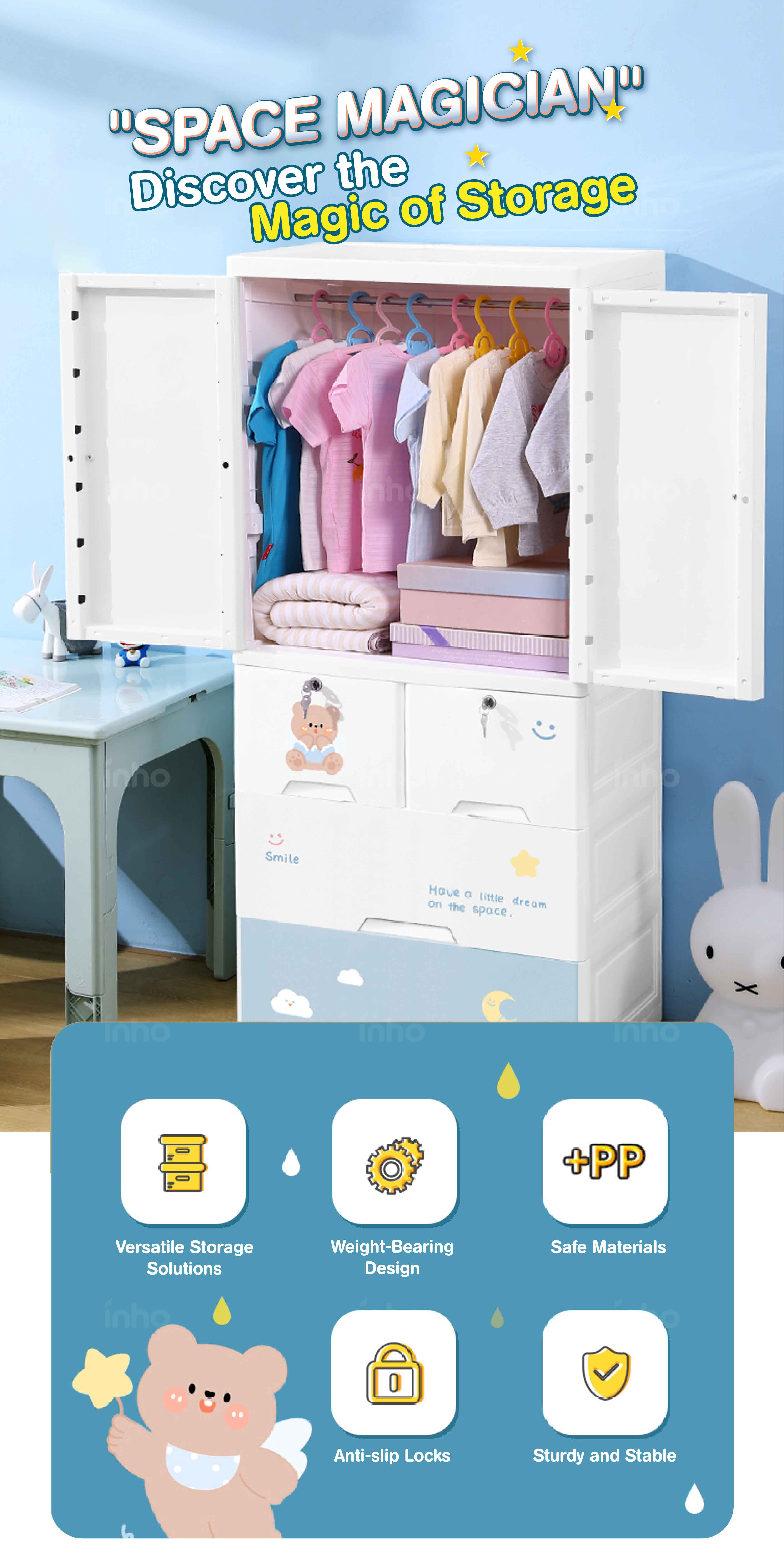 INHO L65cm Cute Cartoon Kids Wardrobe Clothes Cabinet With Lock ...