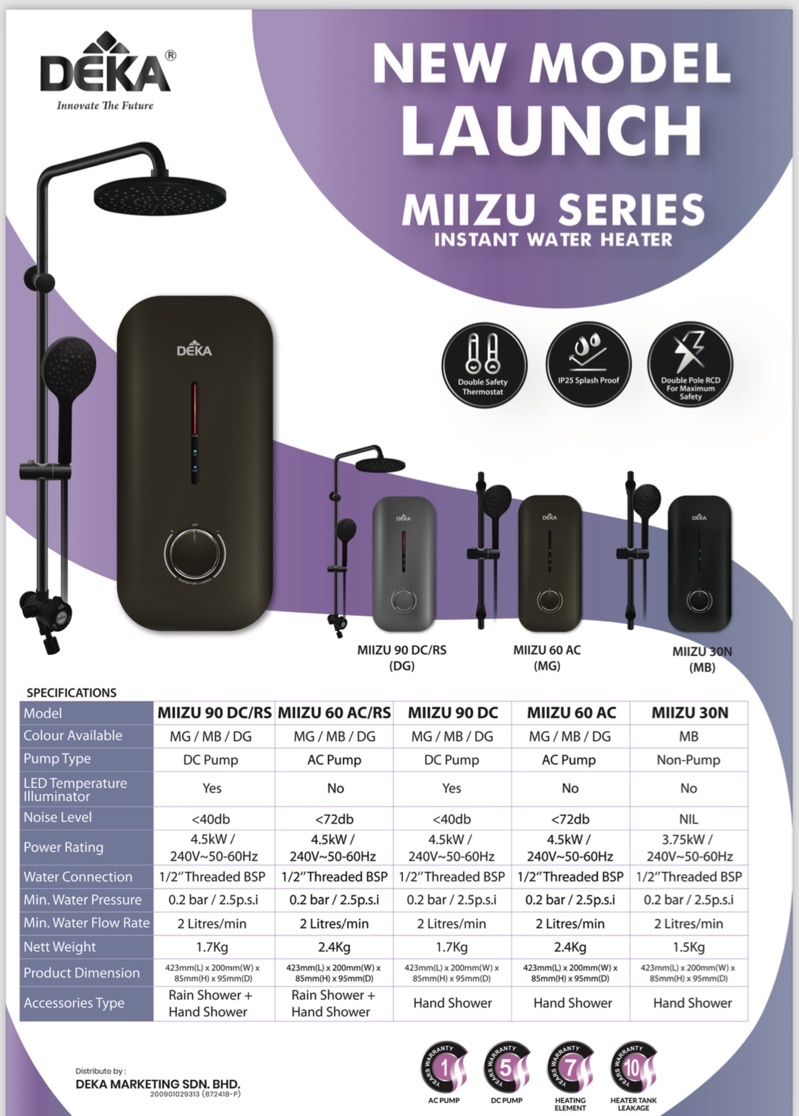 DEKA Miizu DC Booster PUMP Instant Water Heater Rainshower | Shopee ...