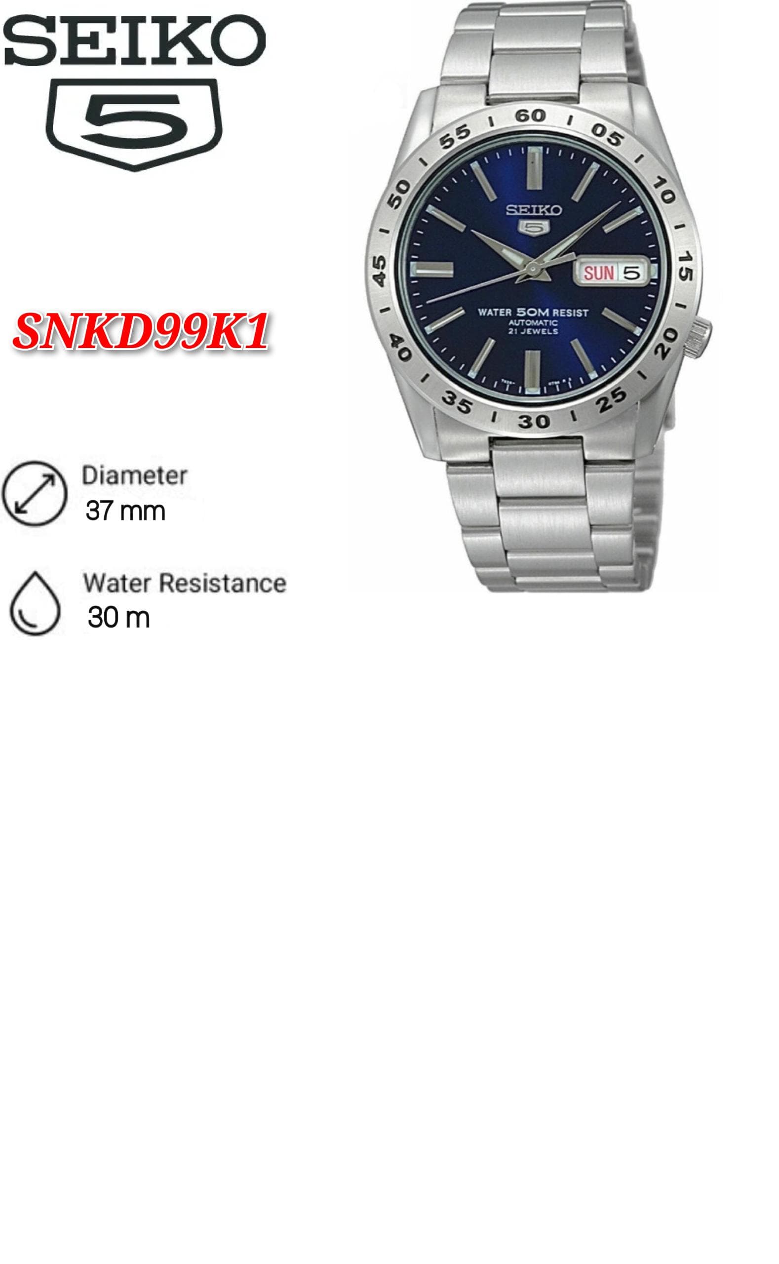 Seiko 5 SNKD99K1 Automatic Blue Dial See Through Case Back Hardlex ...