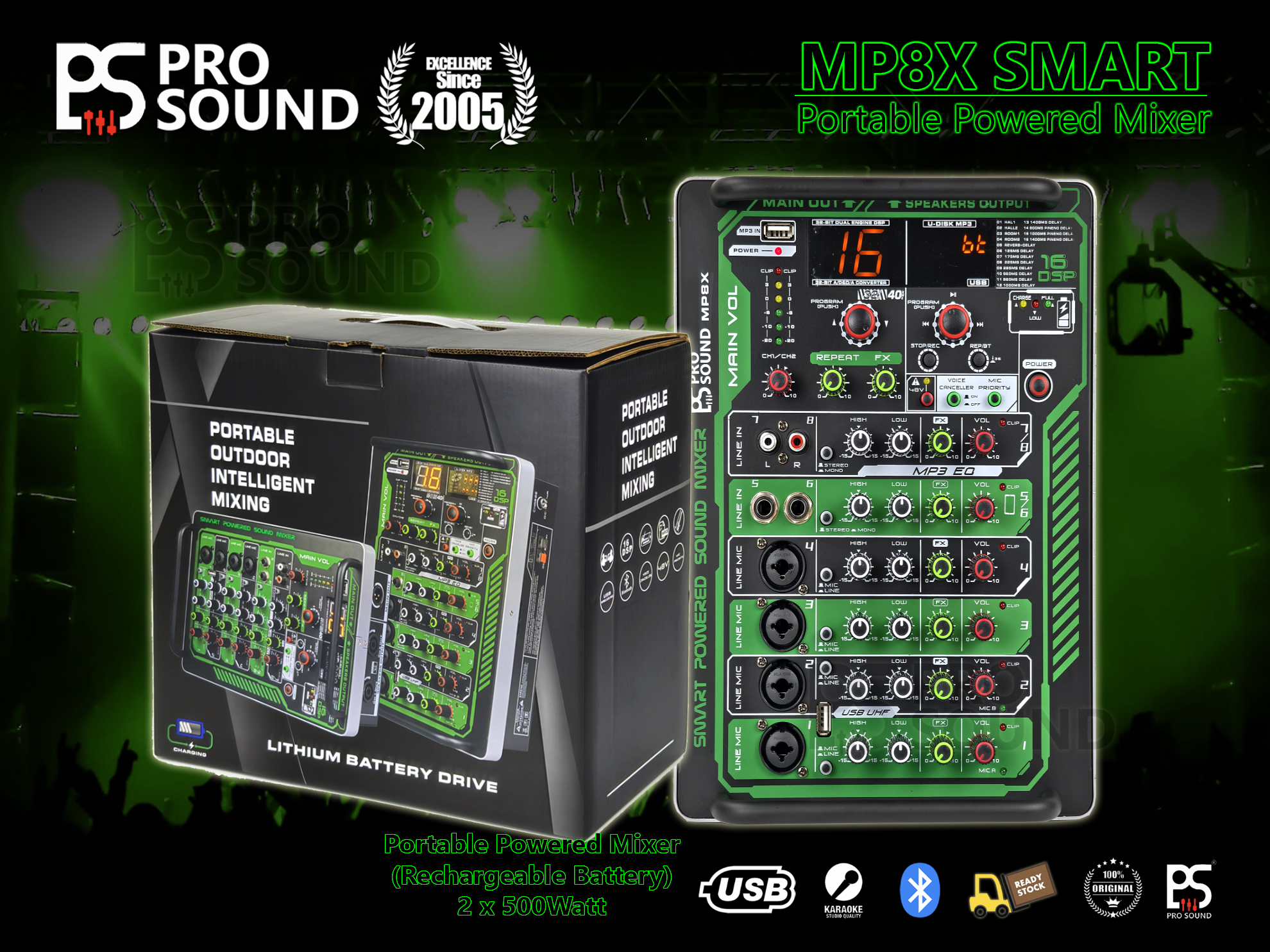 PS Pro Sound MP8X Portable Powered Mixer (Built-In Rechargeable Battery ...