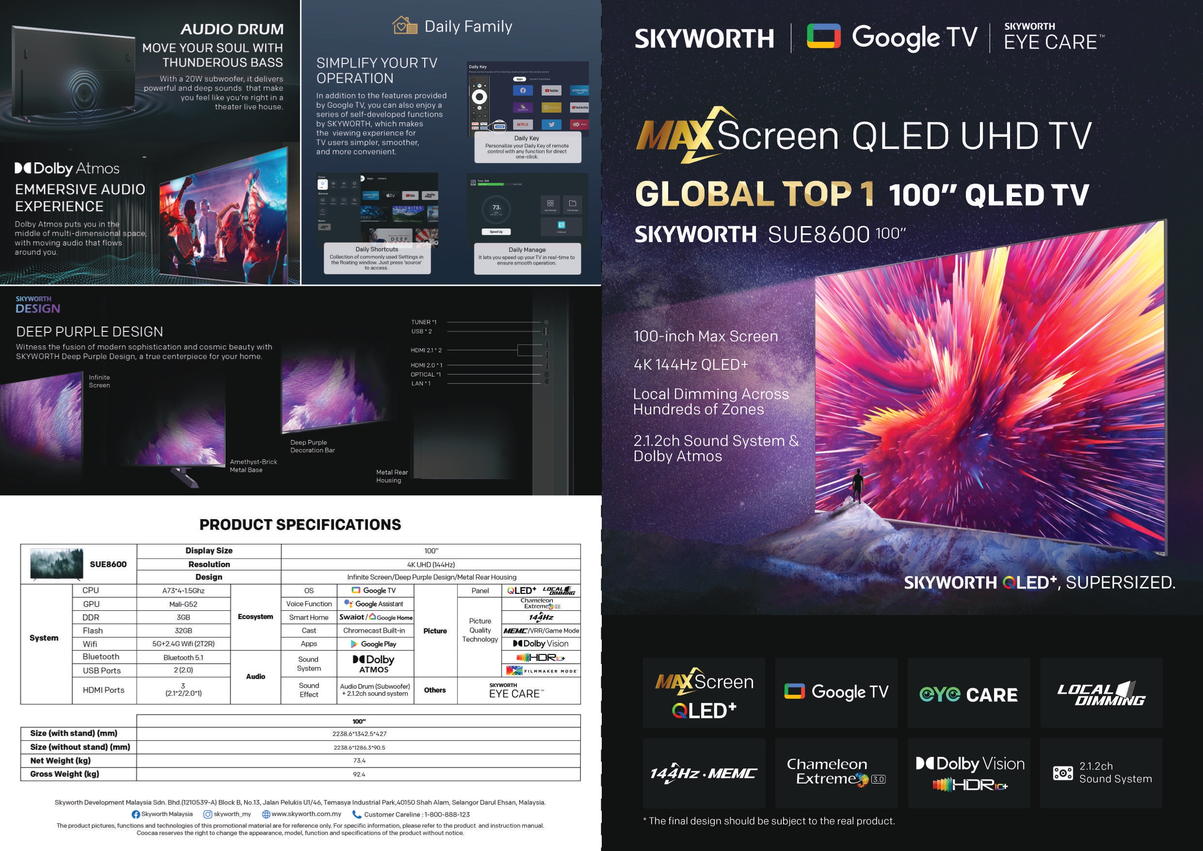 SKYWORTH 100" 4K UHD QLED+ Infinity Screen TV 100SUE8600 with 144Hz ...