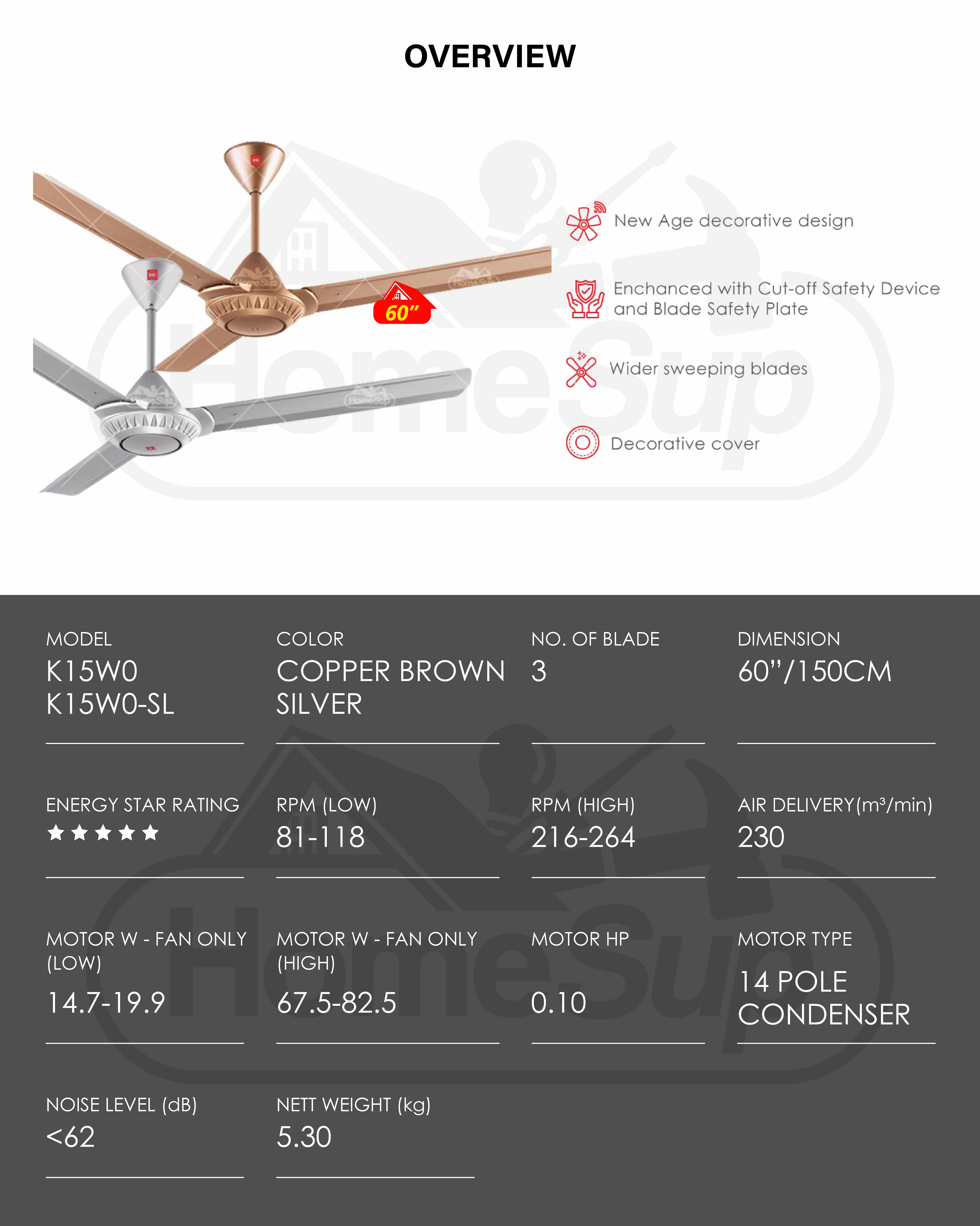 KDK K15w0 / K15w0-sl Ceiling Fan – 60 Inch, Regulator, Copper Brown/Silver | Kipas Siling (x1 ...