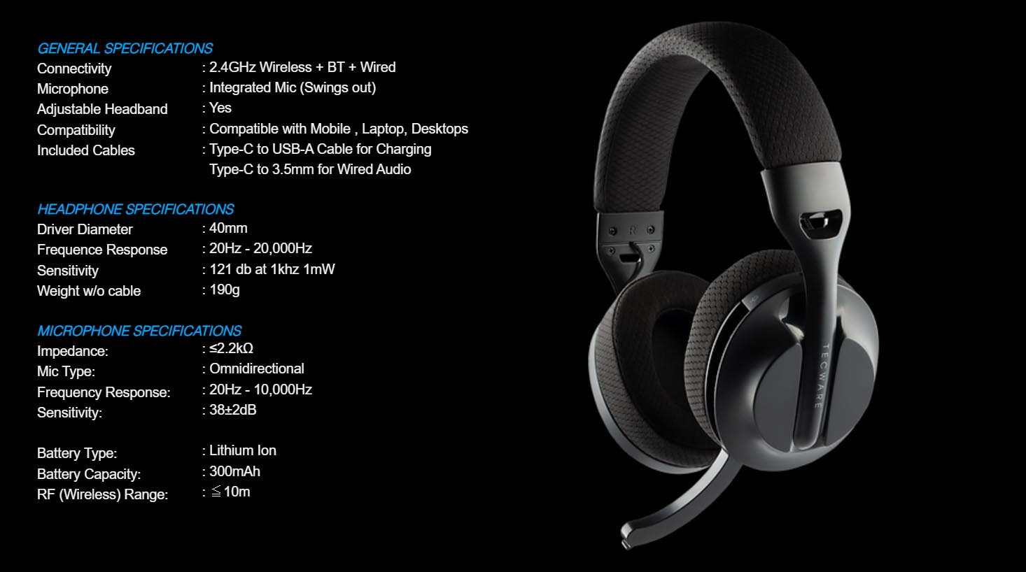 TECWARE Q3 Wireless Gaming Headset With Mic - Black | Shopee Malaysia