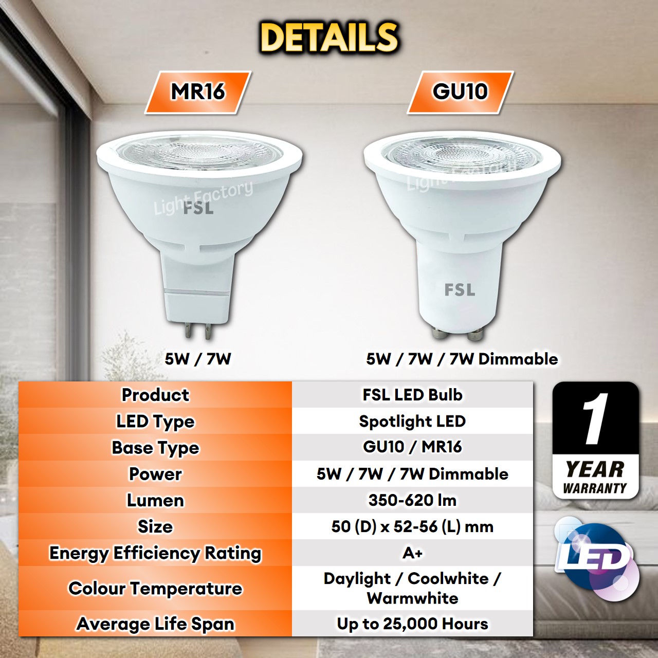 [SET 10pcs] FSL GU10 / MR16 Premium LED Bulb 5W 7W Dimmable Spot ...