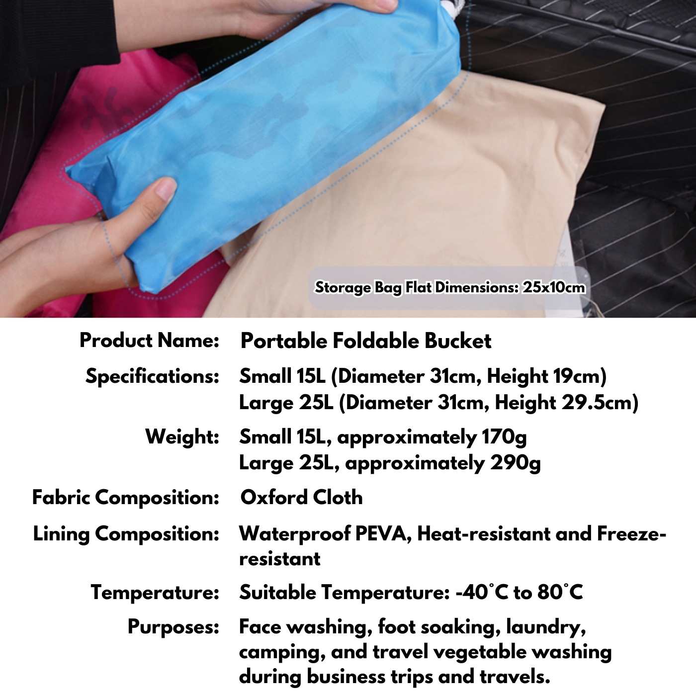 LIVO Water Bucket Foldable 25L 15L Camping Washing Bag Outdoor Portable ...